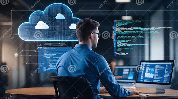 Full-stack Developer Working on Cloud Integration, Coding in the Background, Modern Software ...