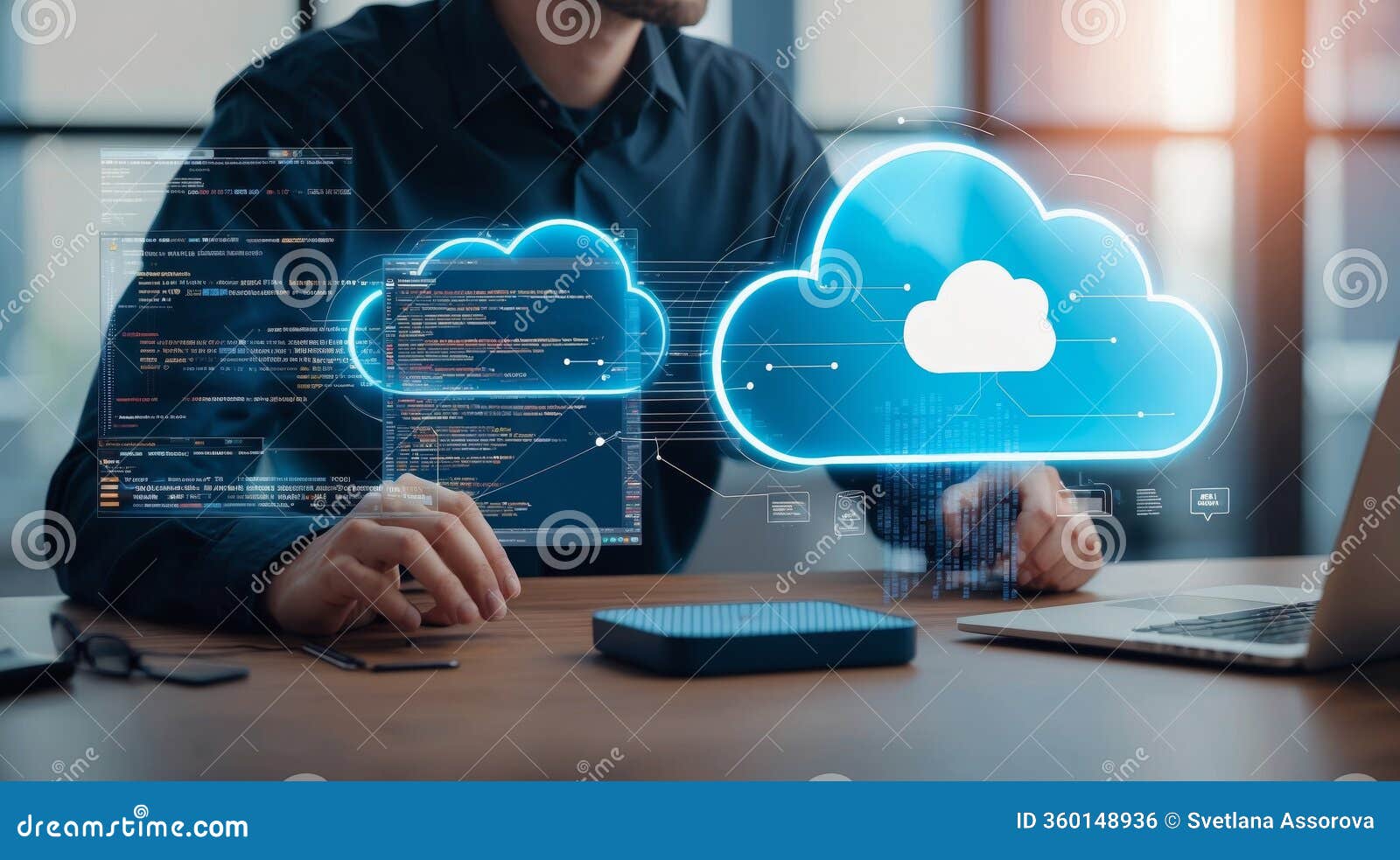 Full-stack Developer Working on Cloud Integration, Coding in the Background, Modern Software ...