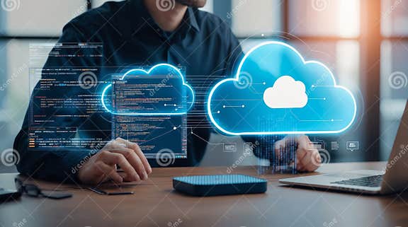 Full-stack Developer Working on Cloud Integration, Coding in the Background, Modern Software ...