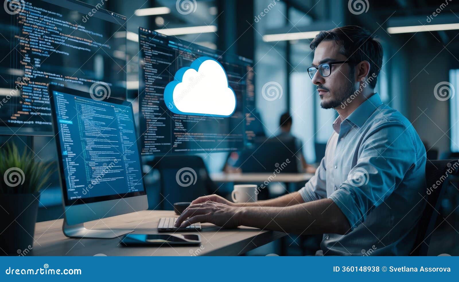 Full-stack Developer Working on Cloud Integration, Coding in the Background, Modern Software ...