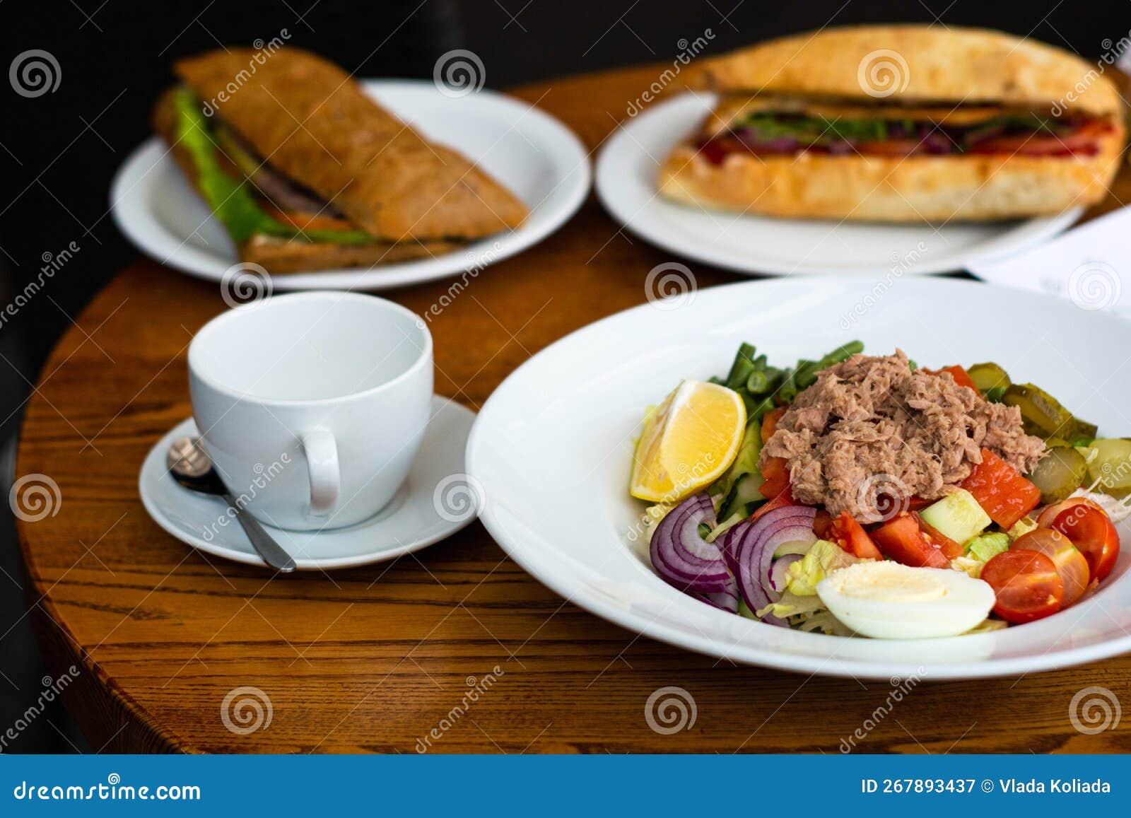 Full Table of Delicious and Different Dishes in Cafe with Cup of Coffee ...