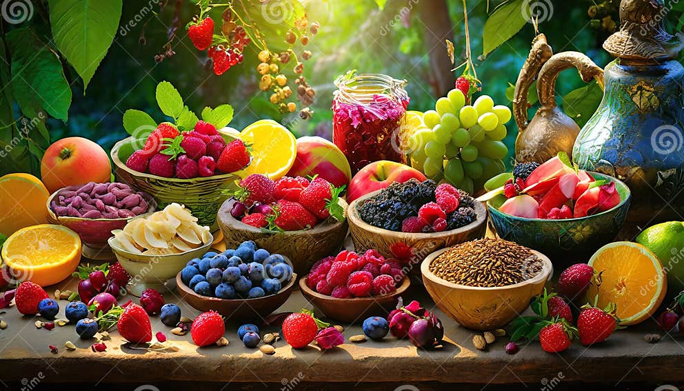 Full table of fruit stock illustration. Illustration of city - 307435556
