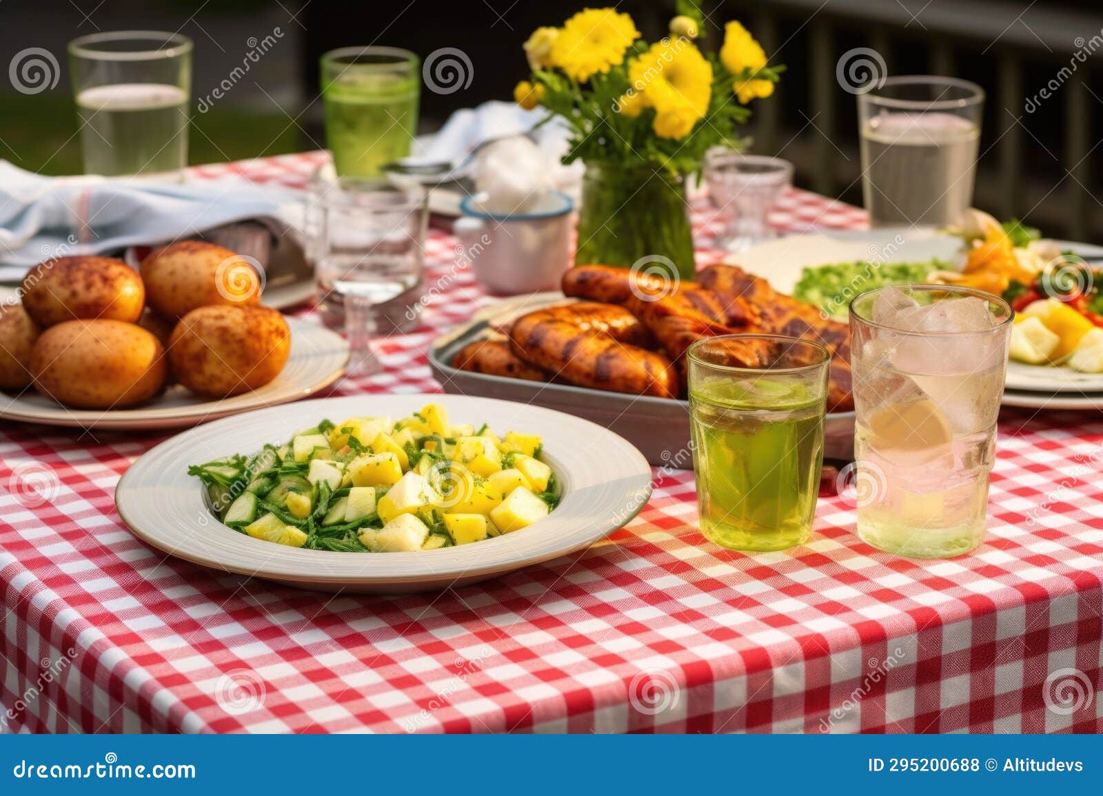 Full Table Setting with Barbecue Potato Salad As Center-piece Stock ...