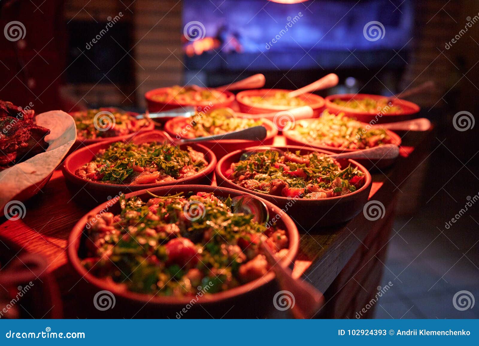 Full Table with Various Dishes in a Restaurant or Cafe Stock Image ...