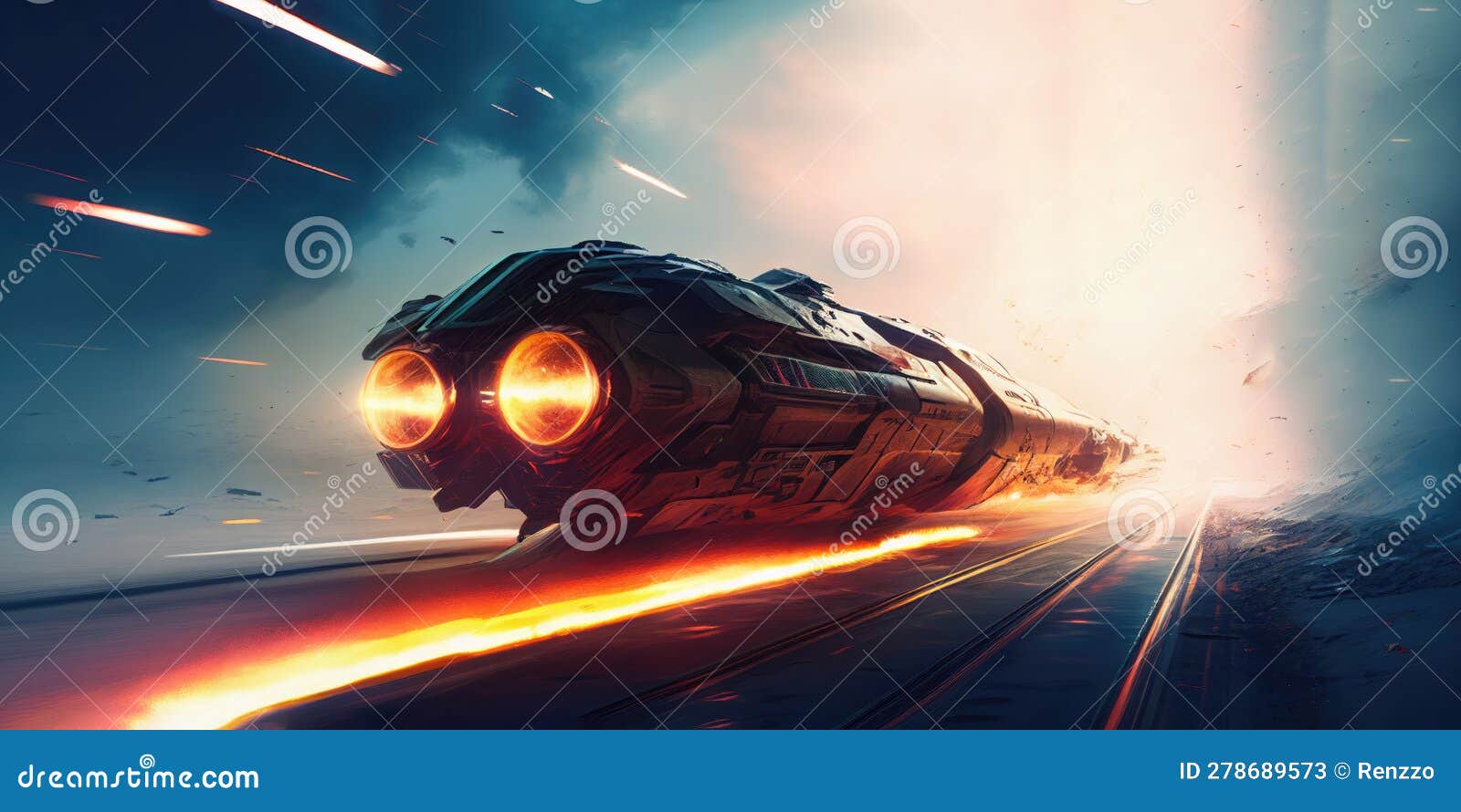 Full Throttle. A Sci-fi Space Ship On A Runway Or Catapult Accelerating ...