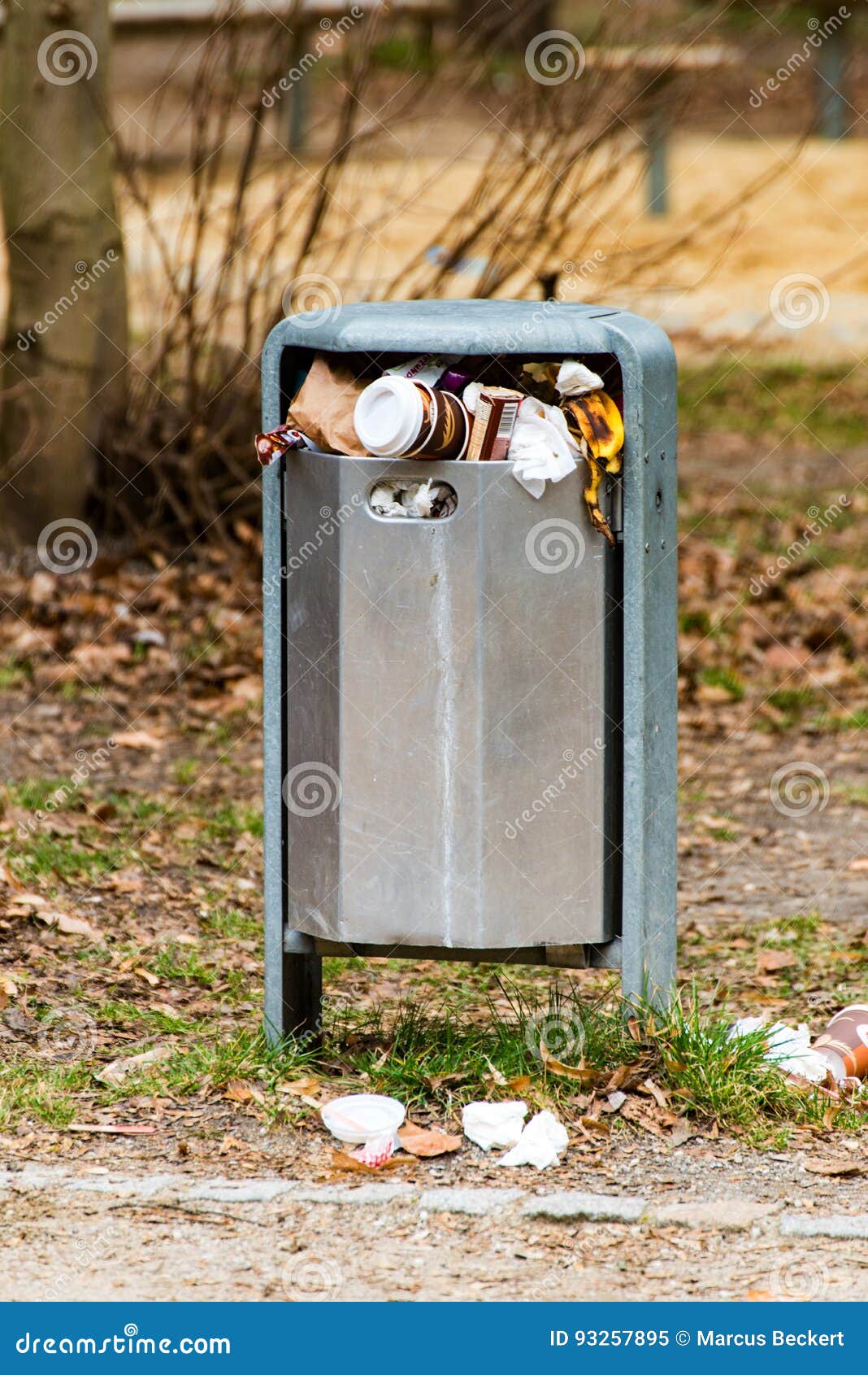 Full trash can in the park stock image. Image of garbage - 93257895