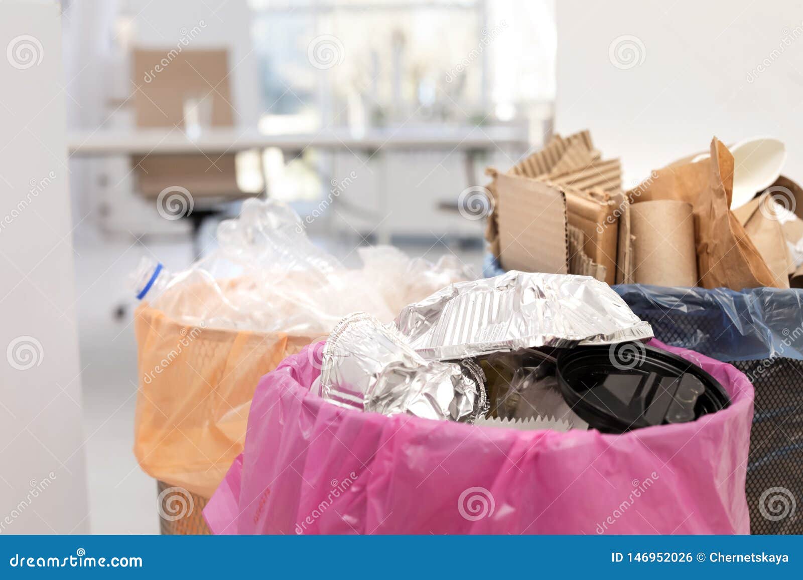 Full Trash Cans in Modern Office. Waste Recycling Stock Photo - Image ...