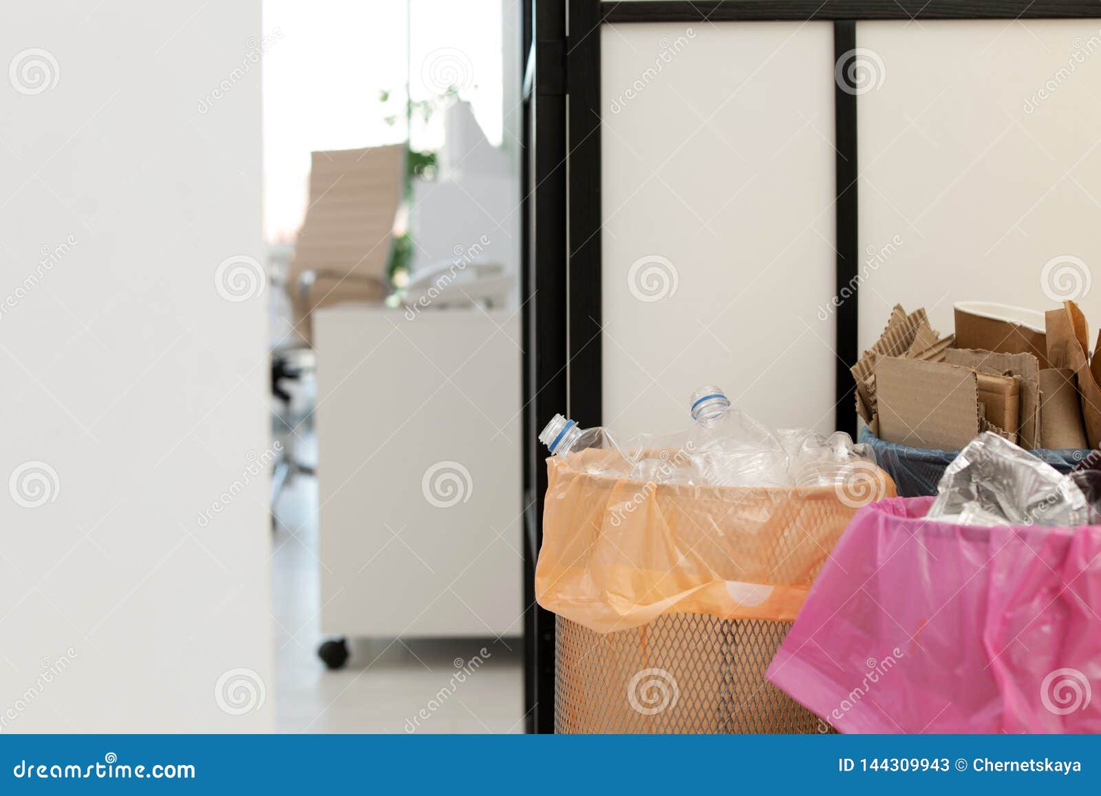 Full Trash Cans in Office, Space for Text. Waste Recycling Stock Image ...