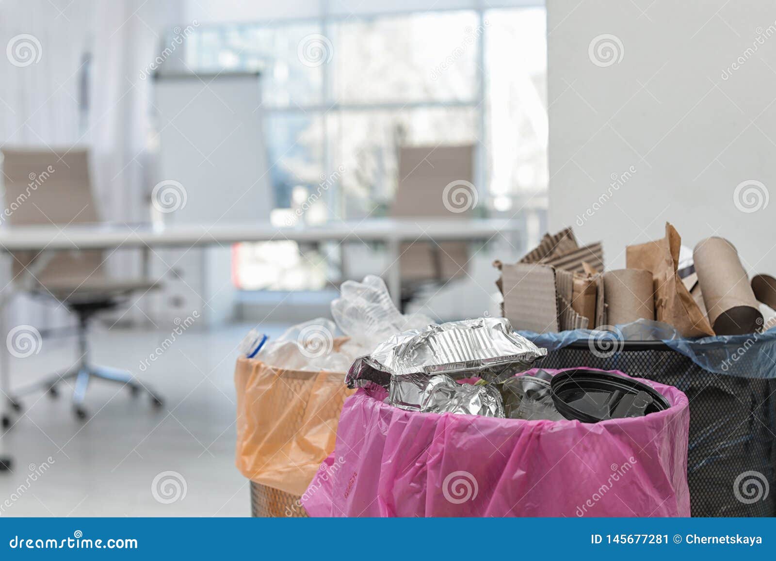 Full Trash Cans in Modern Office. Waste Recycling Stock Image - Image ...