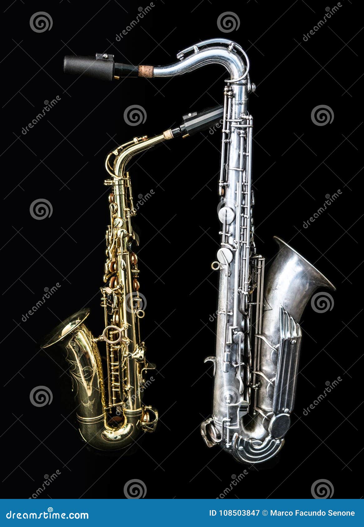 Full View of Two Saxophones Standing Stock Image - Image of isolated ...