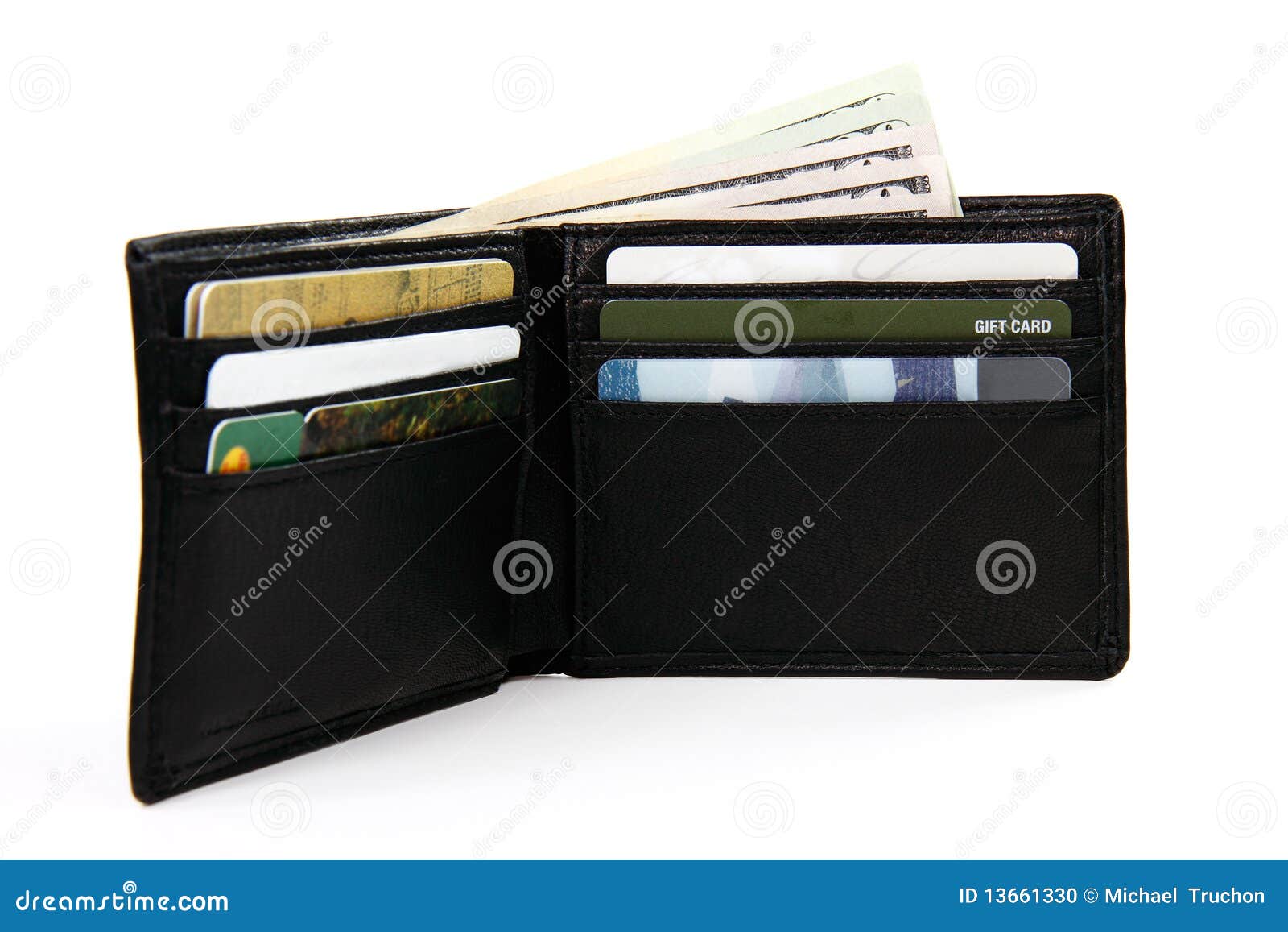 Full Wallet with Money and Gift Cards Stock Photo - Image of white ...