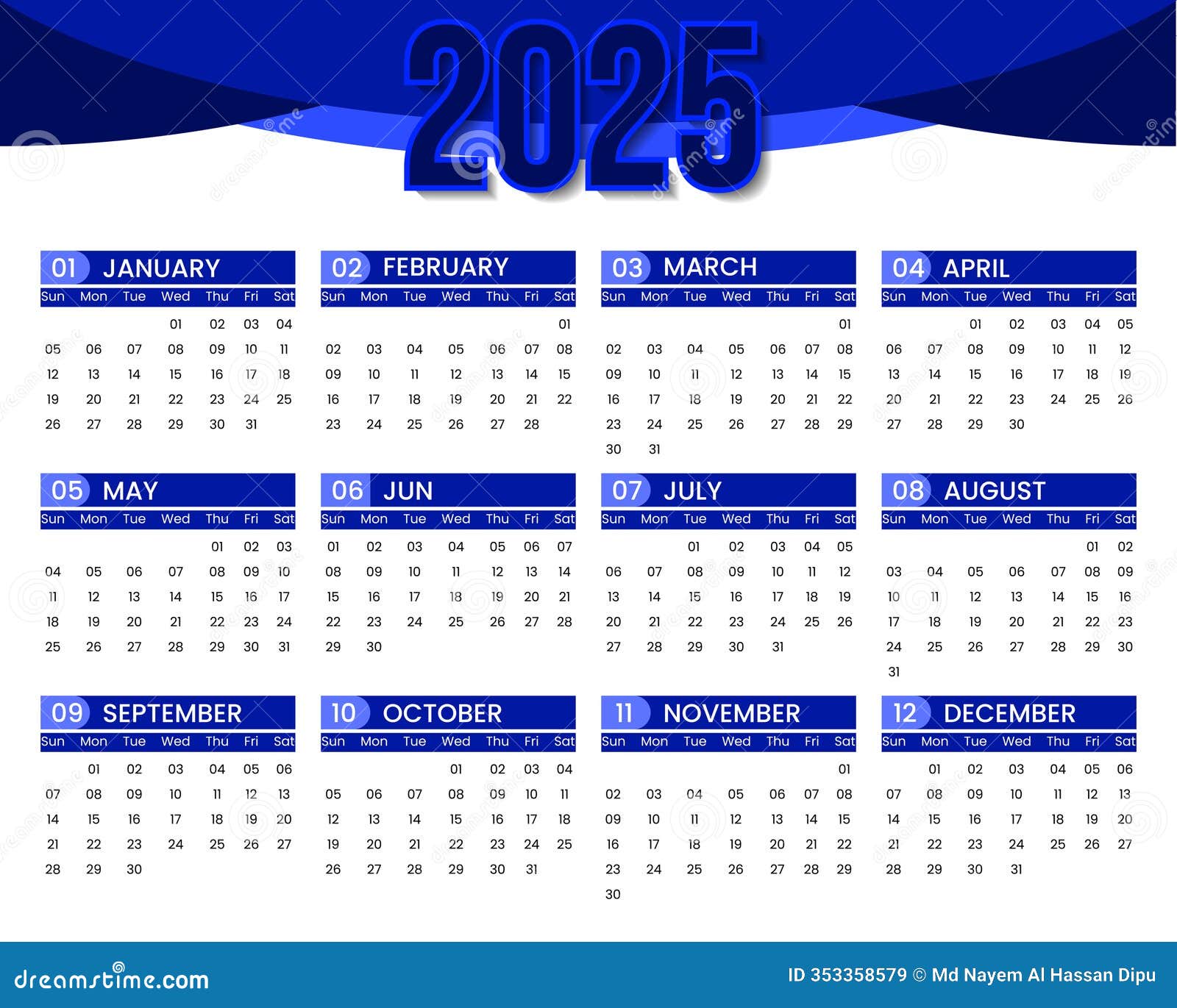 2025 Full Year Calendar with Bold Blue Design Stock Illustration ...