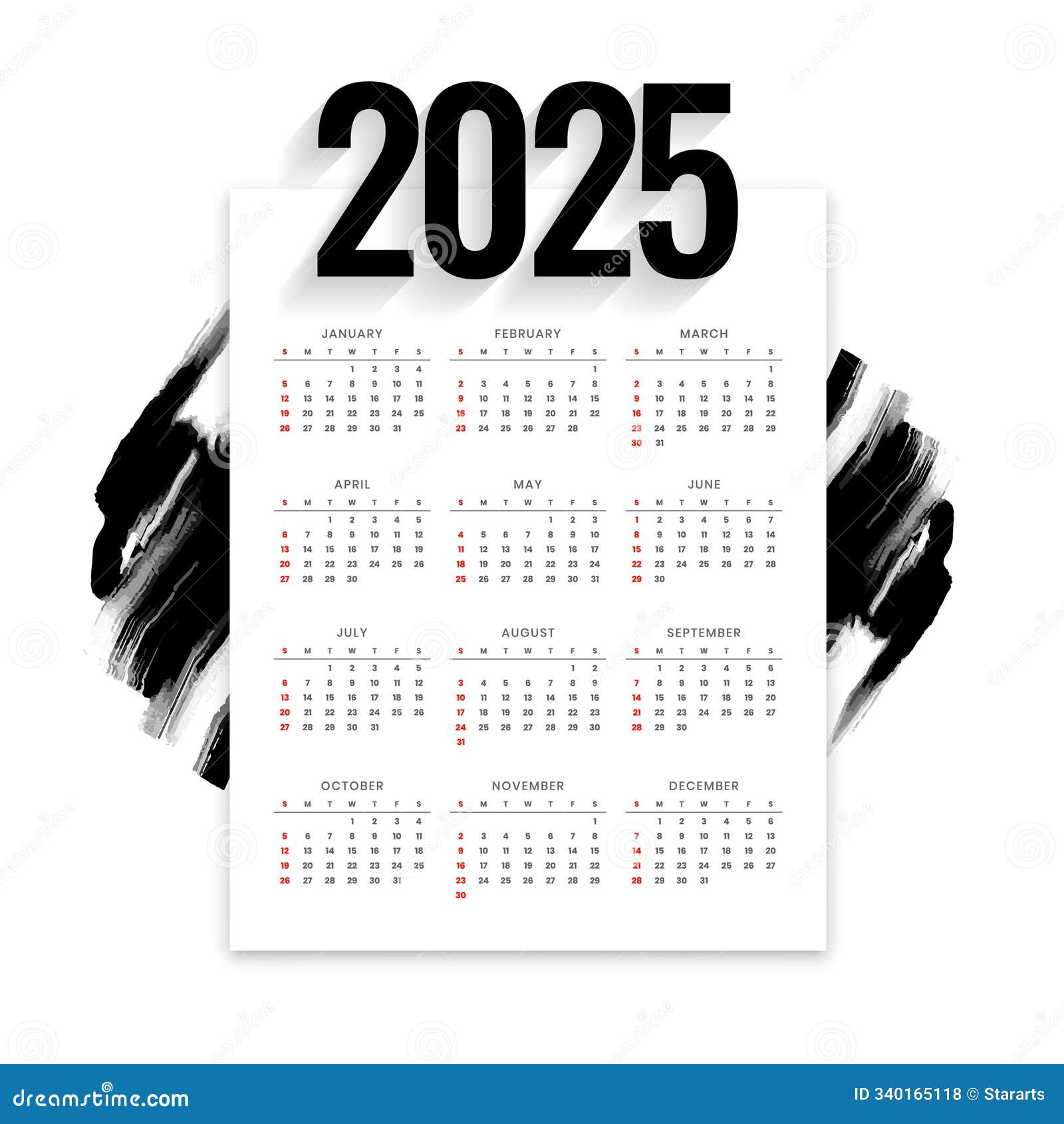 2025 Full Year Calendar Layout with Brush Stroke Effect Stock ...