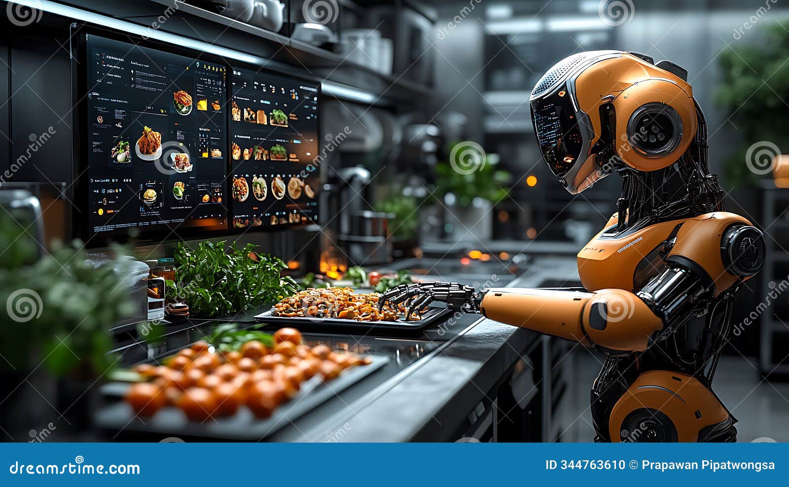 Fully Automated Kitchen with Robot Chef Preparing Food, Showcasing ...