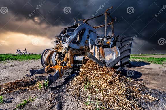 Fully Destroyed Burnt Down Tractor Stock Image - Image of weather ...