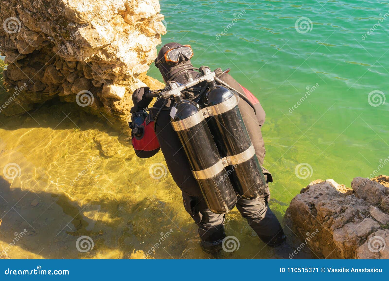 Fully Equiped Diver Ready To Dive in the Sea. Stock Image - Image of ...