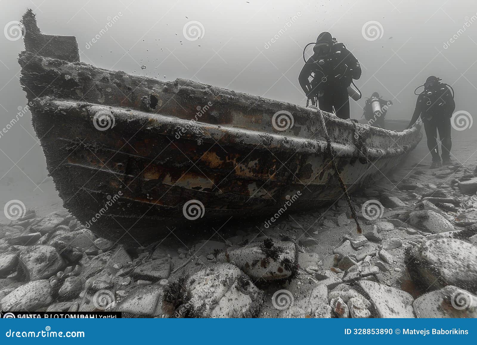 Fully Equipped Divers Performing Tasks Underwater in Deep Sea ...