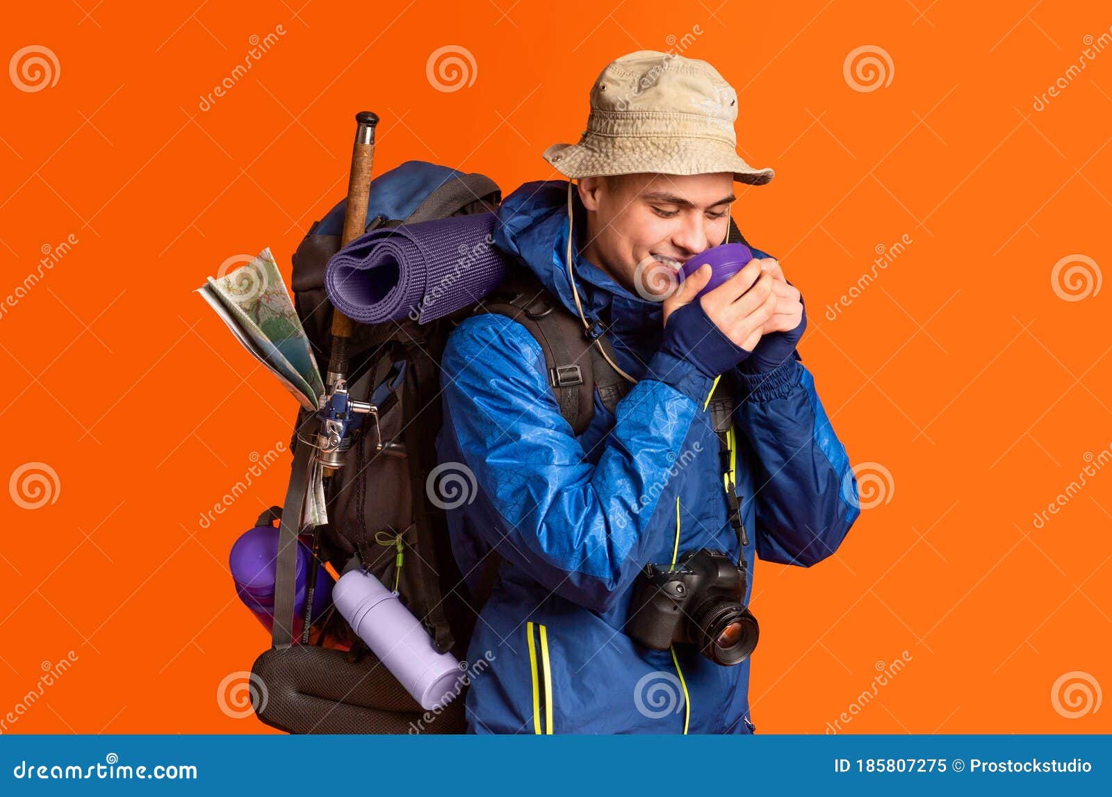 Fully Equipped Hiker Drinking Tea or Coffee Stock Image - Image of ...