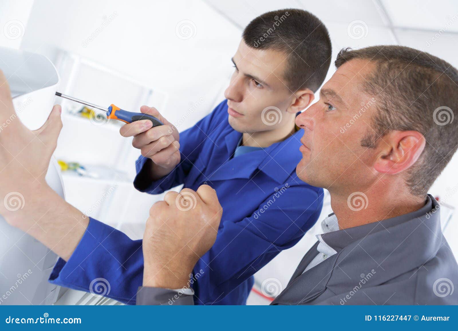 Fully-fledged Electrician and Male Apprentice Stock Image - Image of ...