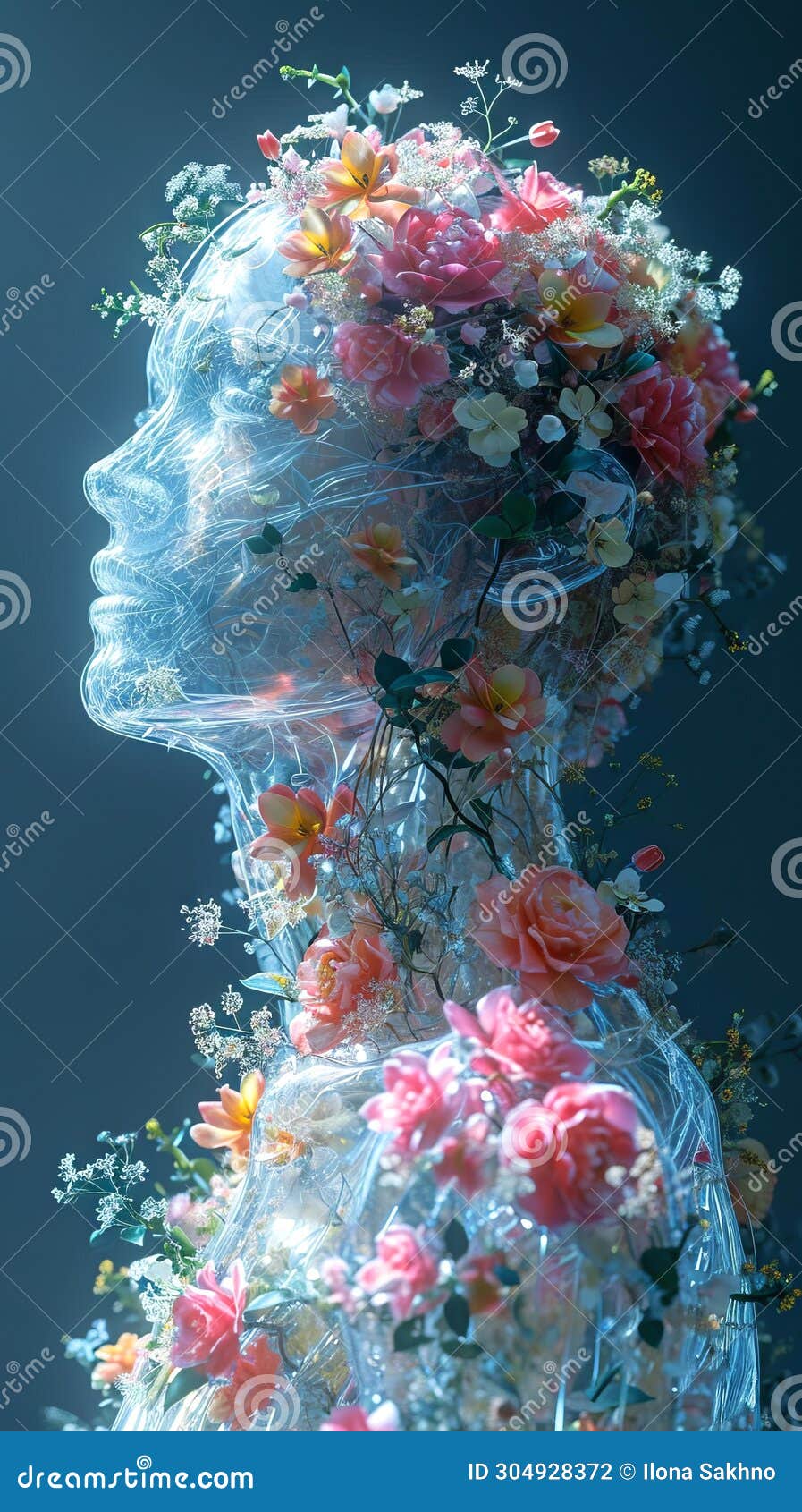 Fully Transparent Robot Woman and Flowers Stock Illustration ...