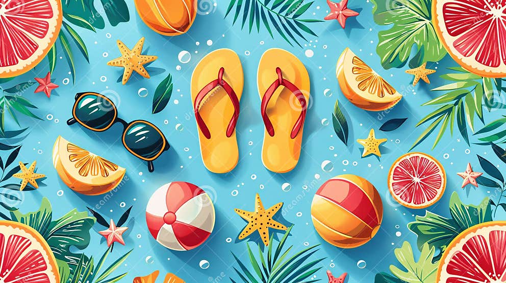 Fun Beach Accessories on Light Blue Background. Stock Illustration ...