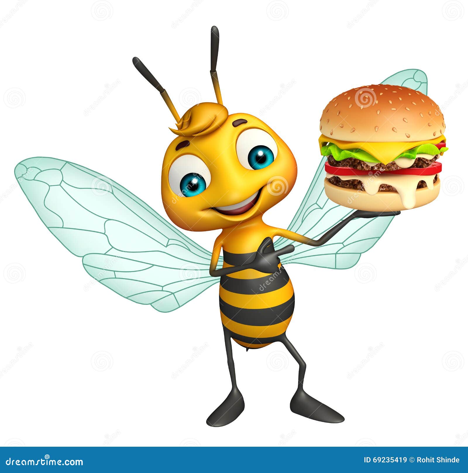 Fun Bee Cartoon Character with Burger Stock Illustration - Illustration ...