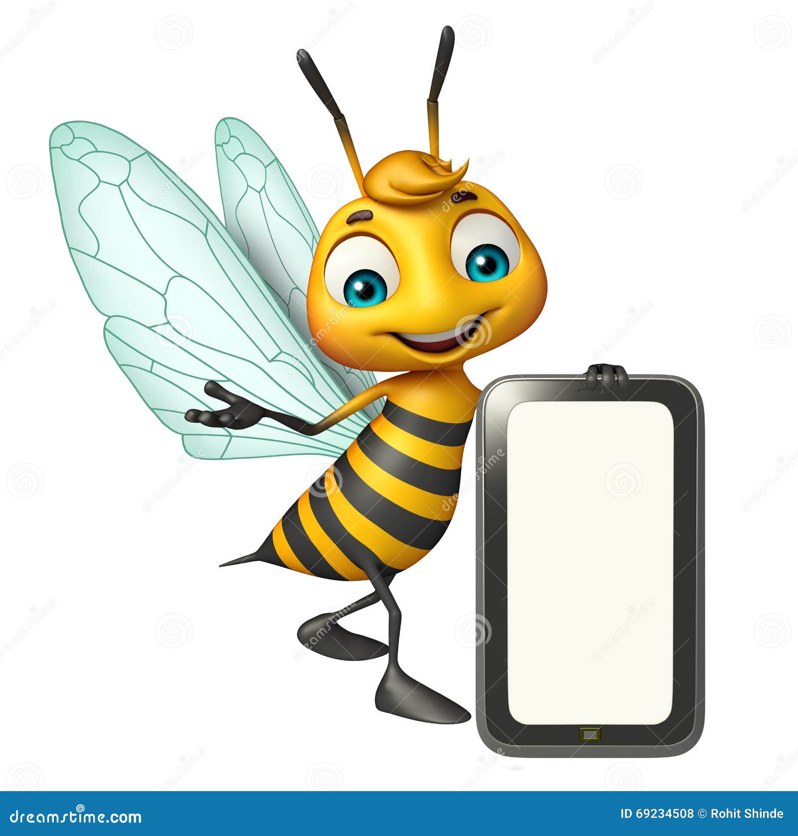 Fun Bee Cartoon Character with Mobile Stock Illustration - Illustration ...