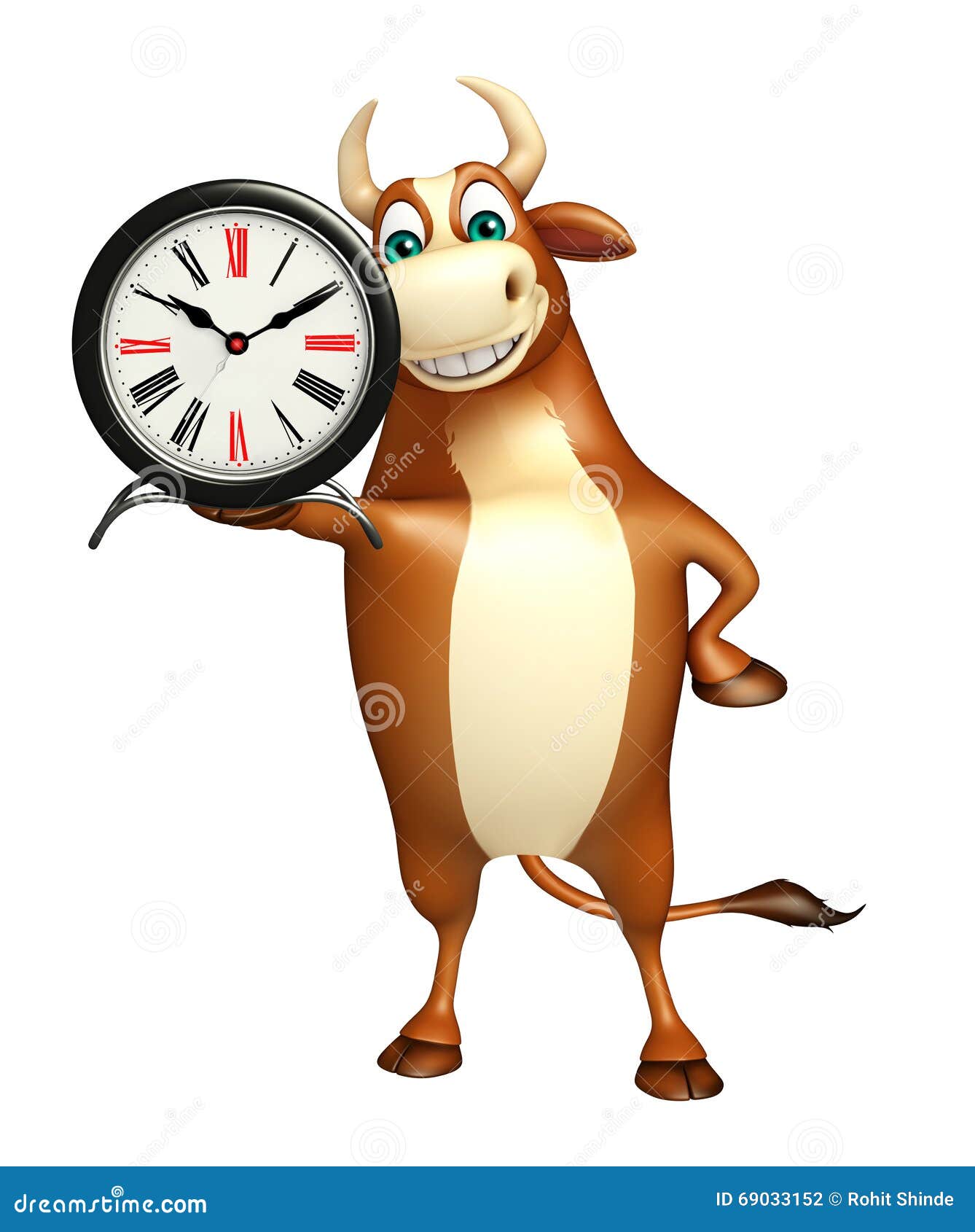 Fun Bull Cartoon Character with Clock Stock Illustration - Illustration ...