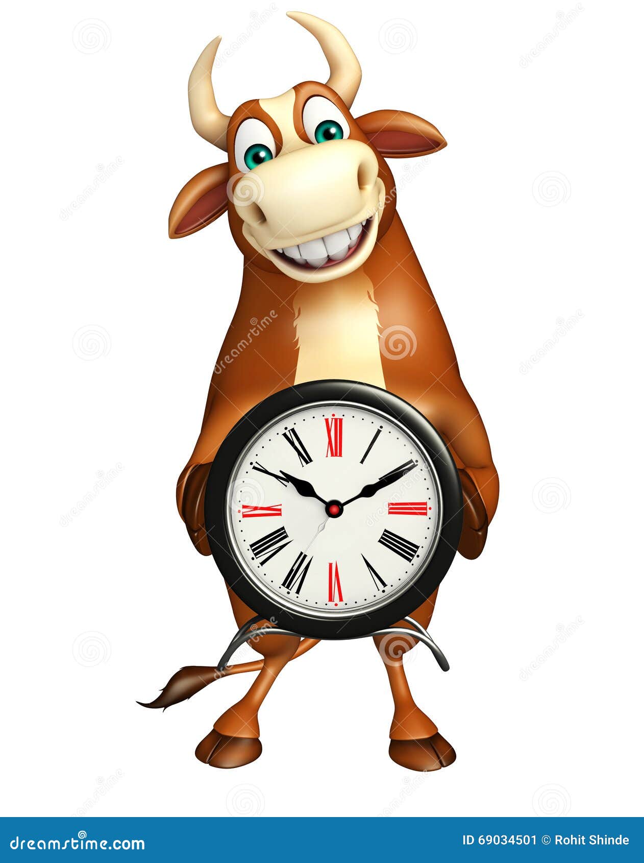 Fun Bull Cartoon Character with Clock Stock Illustration - Illustration ...