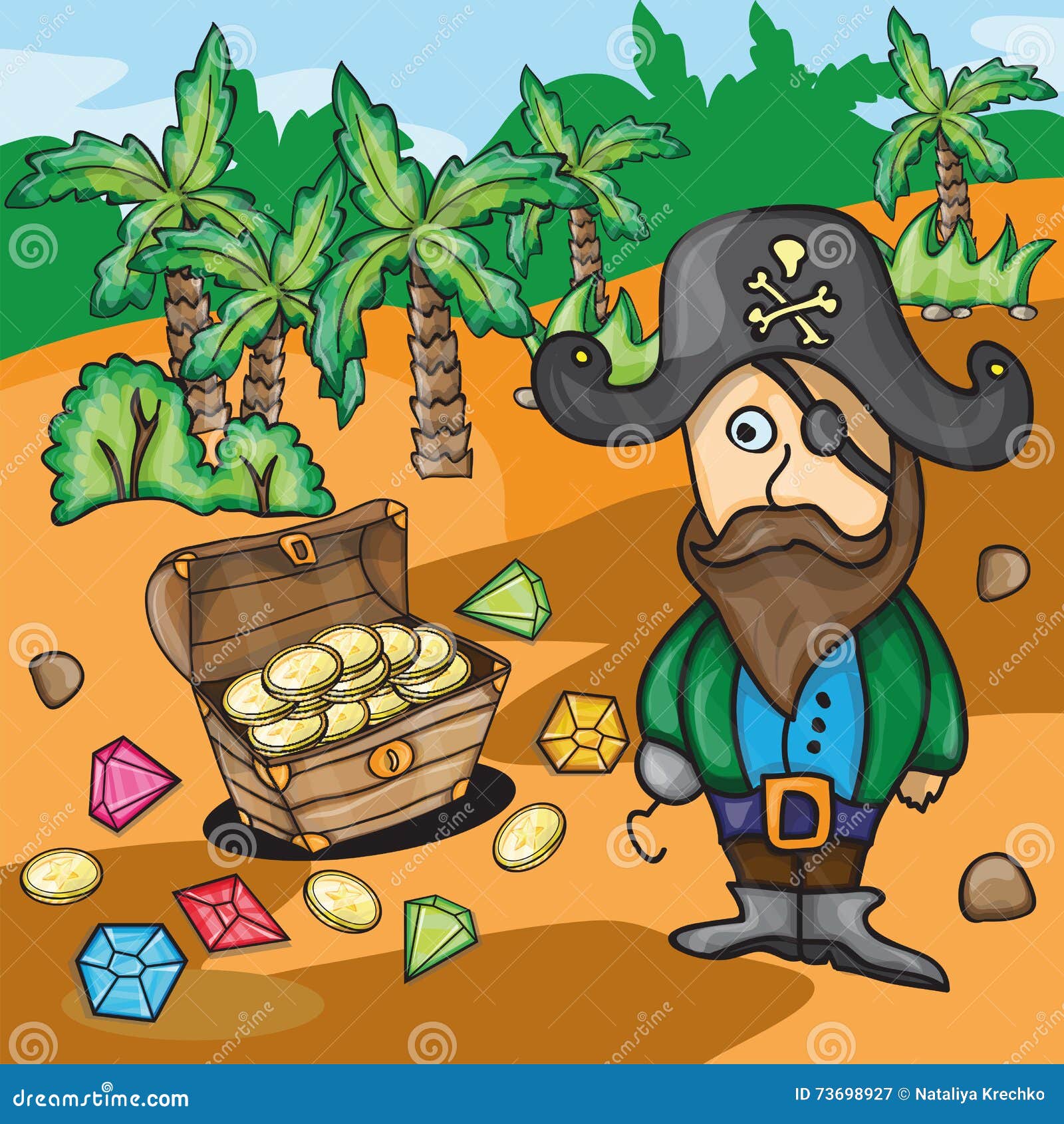 Fun Cartoon Pirate with Treasure Stock Vector - Illustration of boat ...