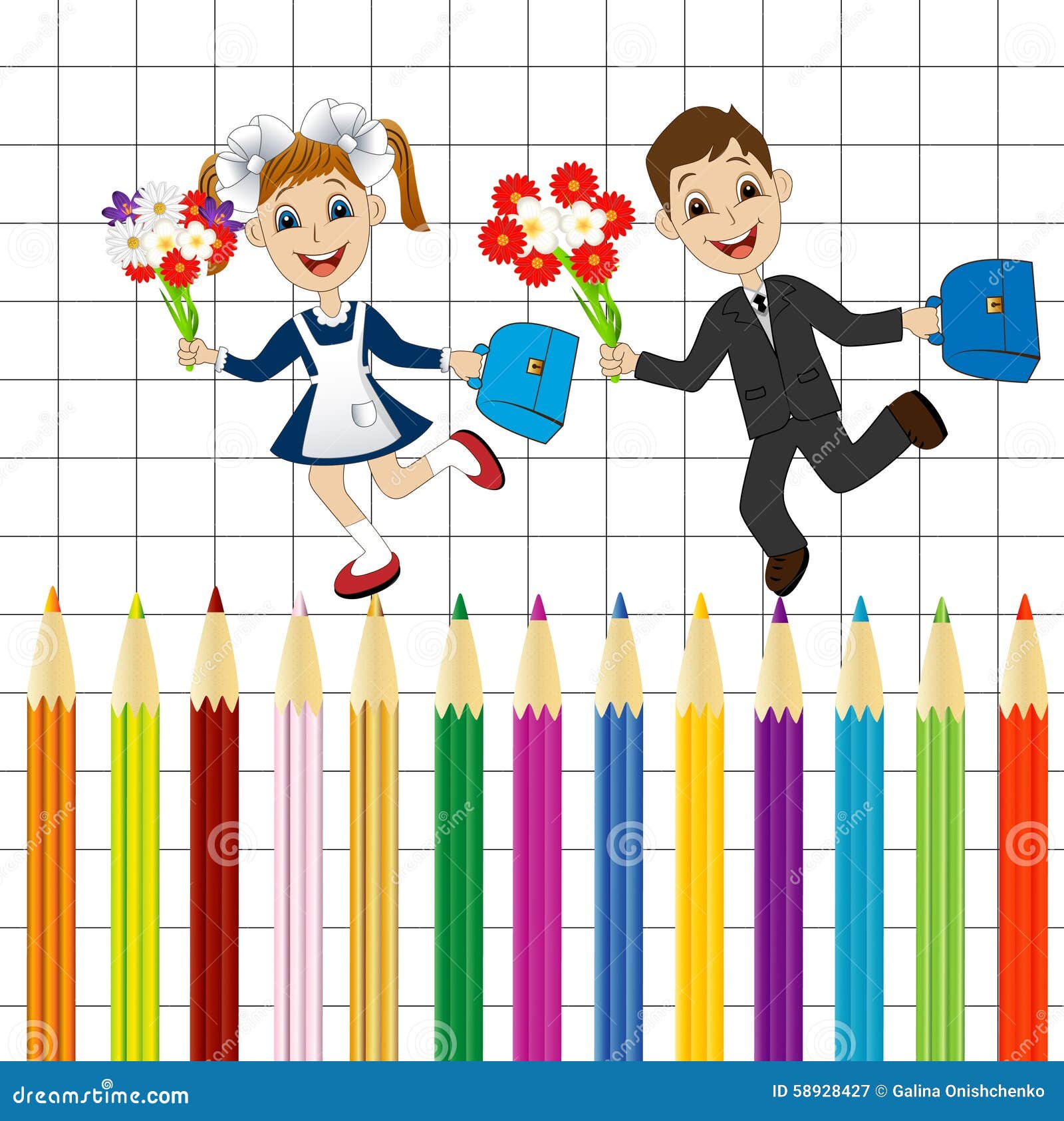 Fun Children Run To School Colored Pencils Stock Vector - Illustration ...