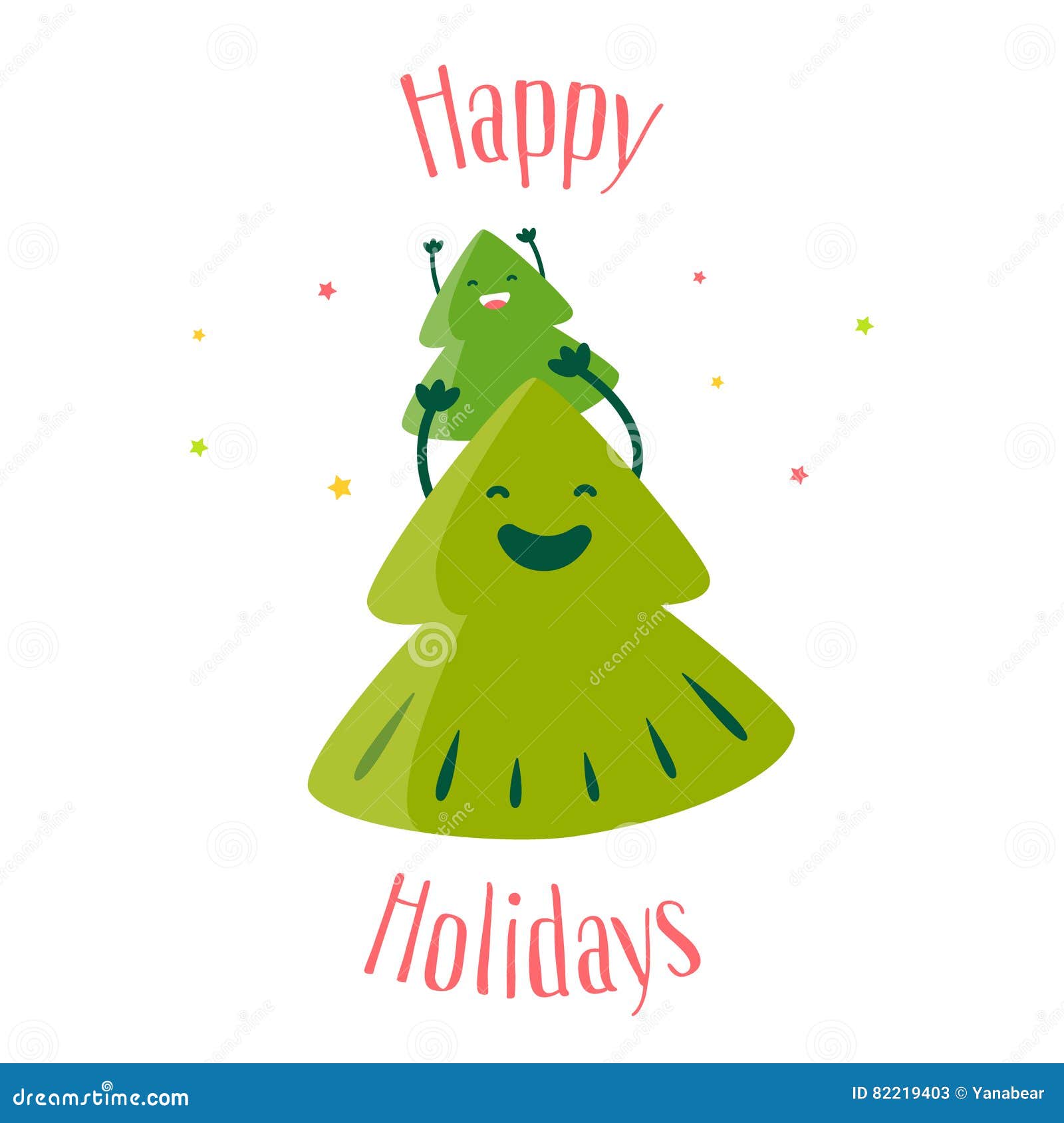 Fun Christmas Tree with Little Tree. Happy Holidays. Greeting Card ...