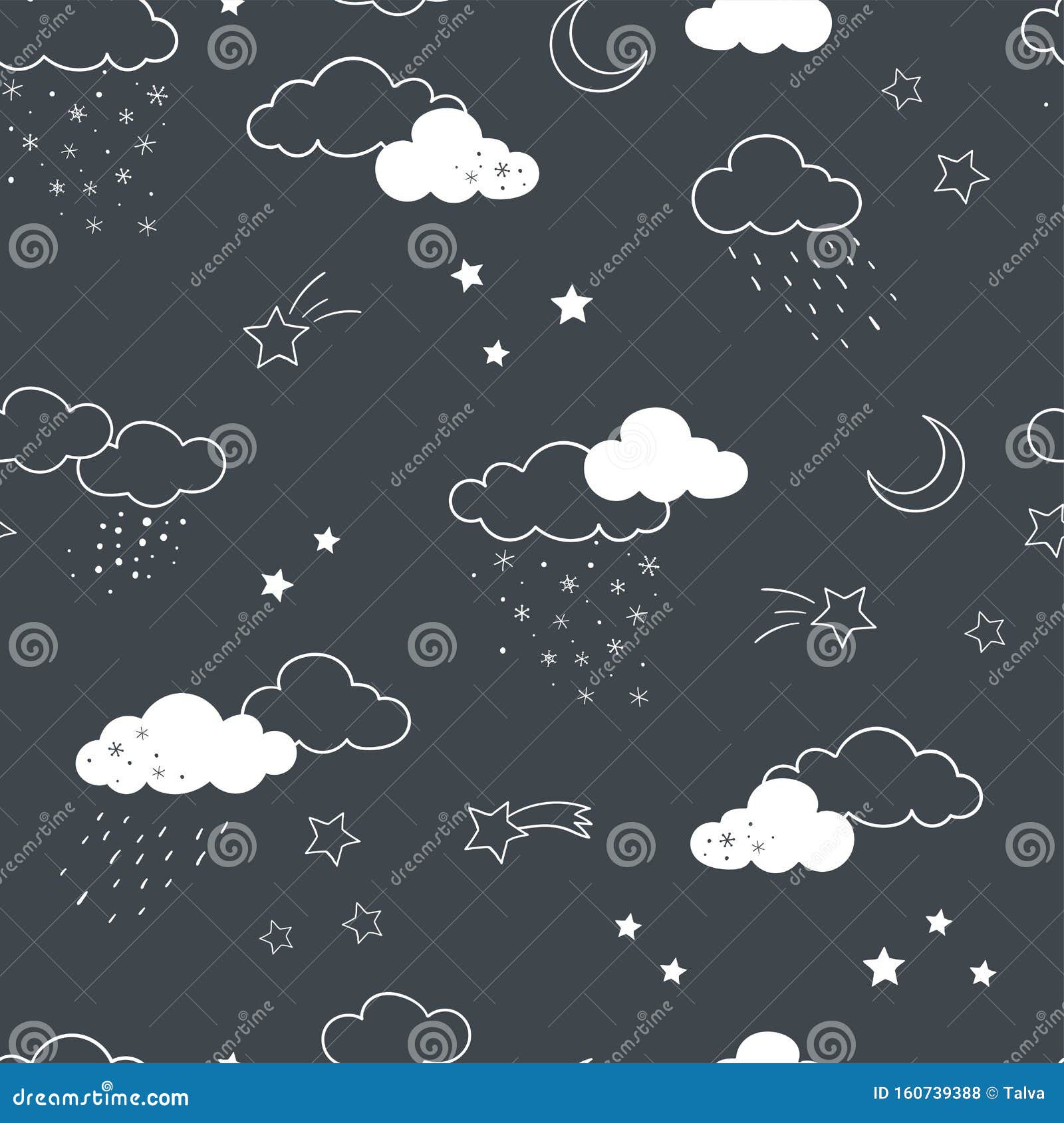 Fun Clouds Seamless Pattern, Hand Drawn Doodles Stars, Clouds, Moon ...