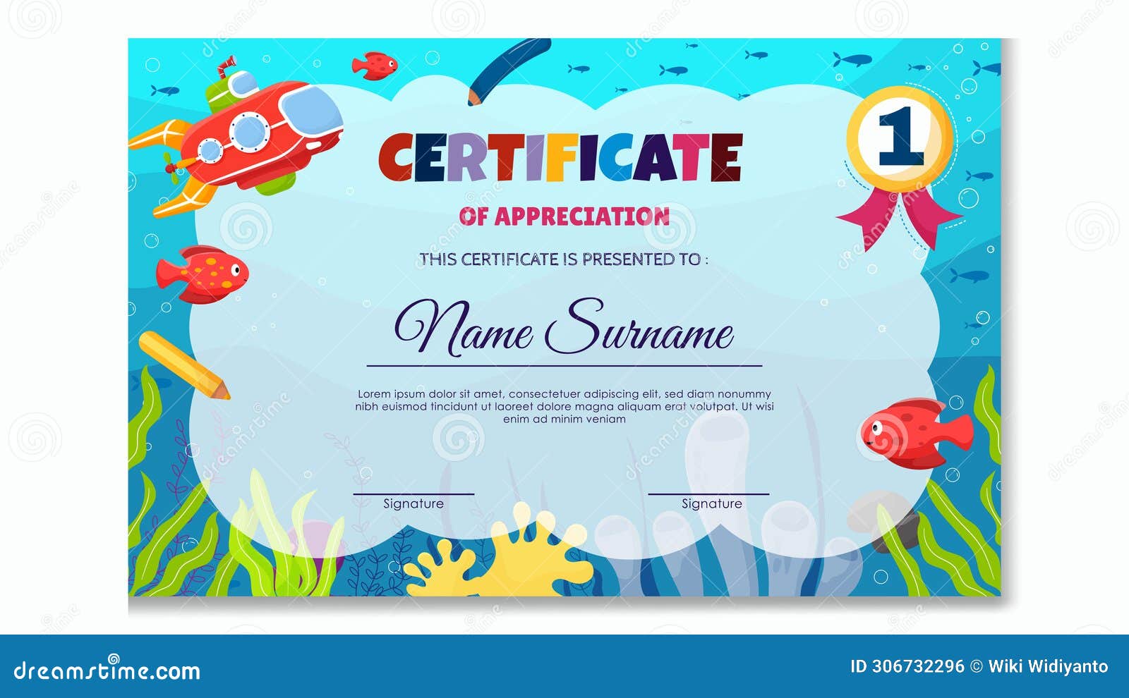 Fun Colorful Certificate Template For Kids. Sea Theme Illustration ...