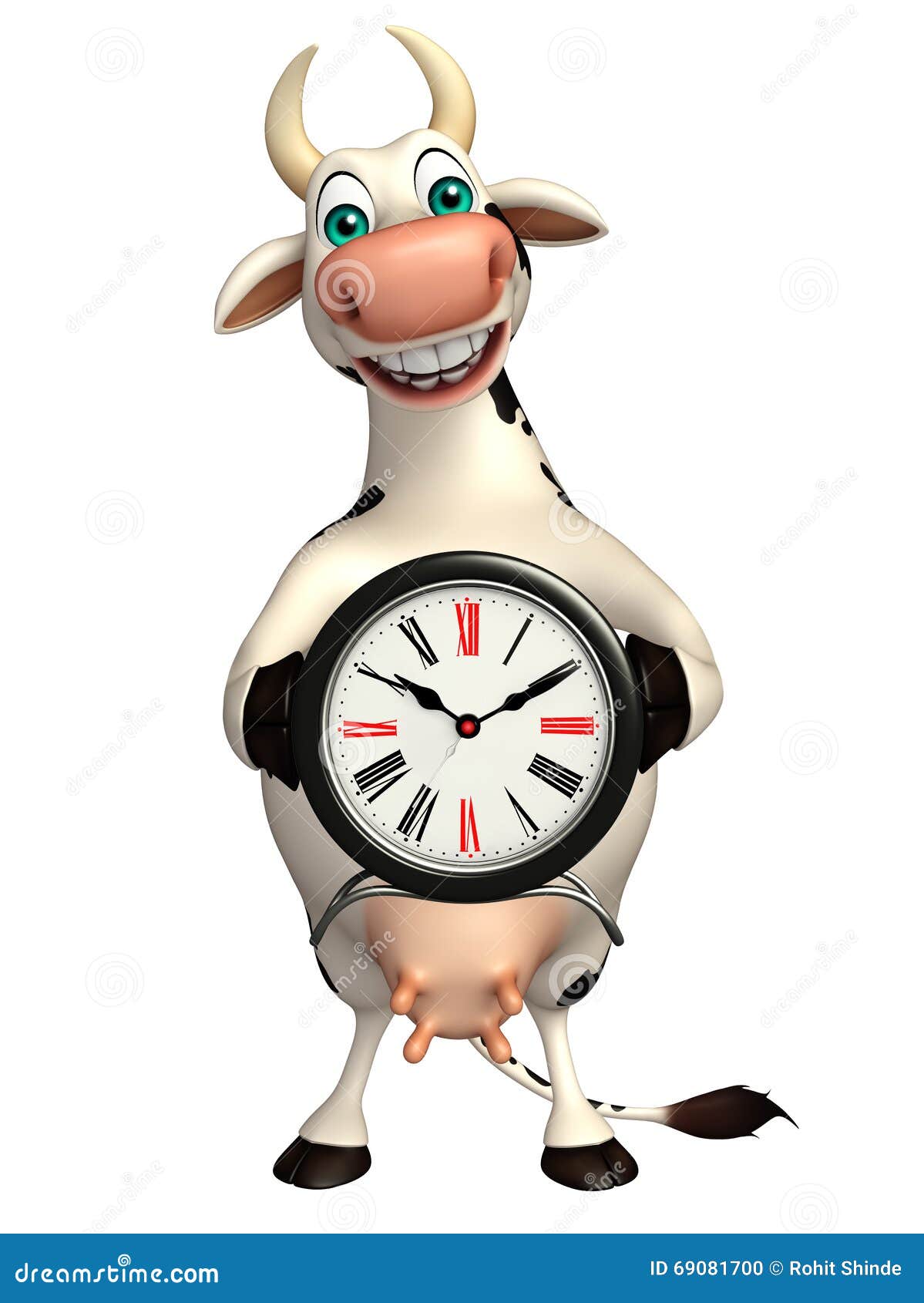 Fun Cow Cartoon Character with Clock Stock Illustration - Illustration ...