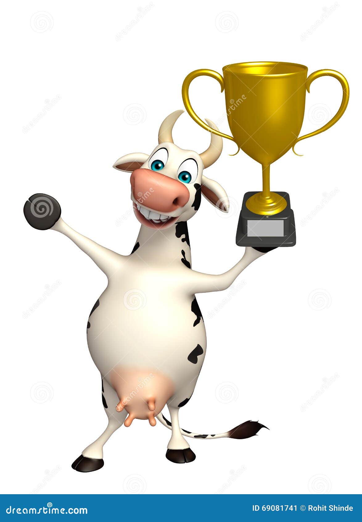 Fun Cow Cartoon Character with Winning Cup Stock Illustration ...