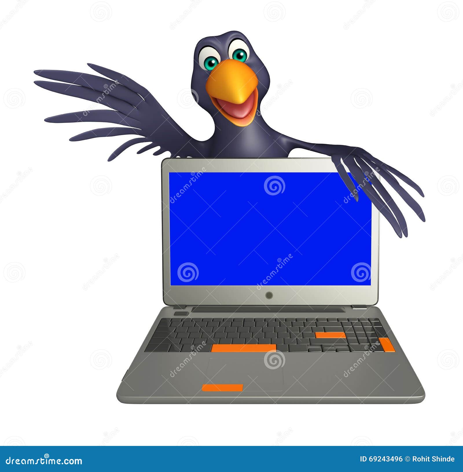 Fun Crow Cartoon Character with Laptop Stock Illustration ...