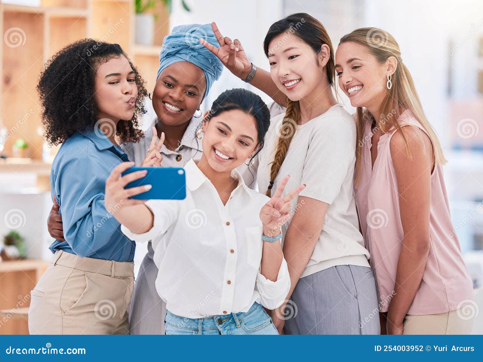 Team Selfie And Business Women With Phone In Office With Funny Face