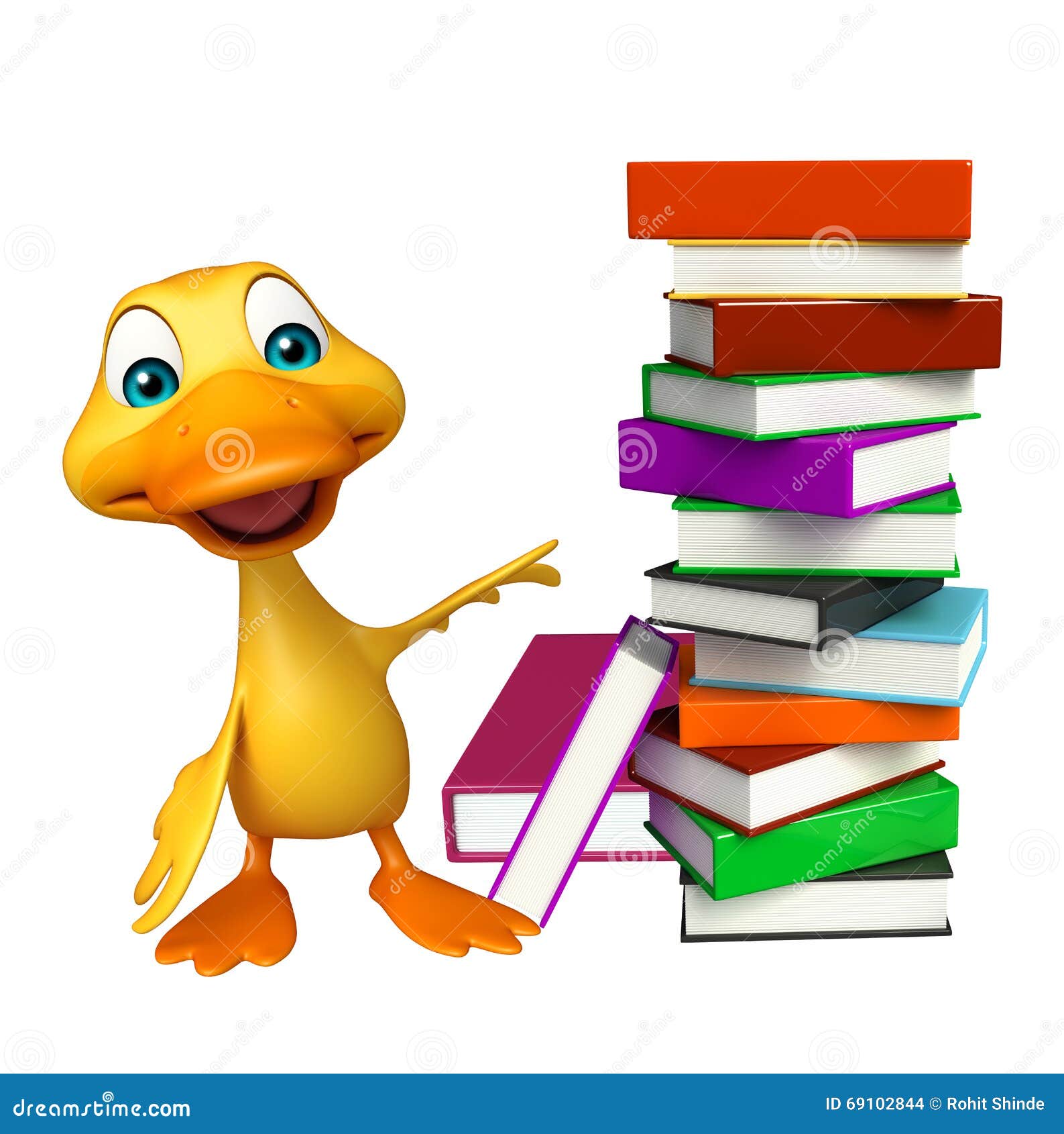 Fun Duck Cartoon Character with Book Stack Stock Illustration ...