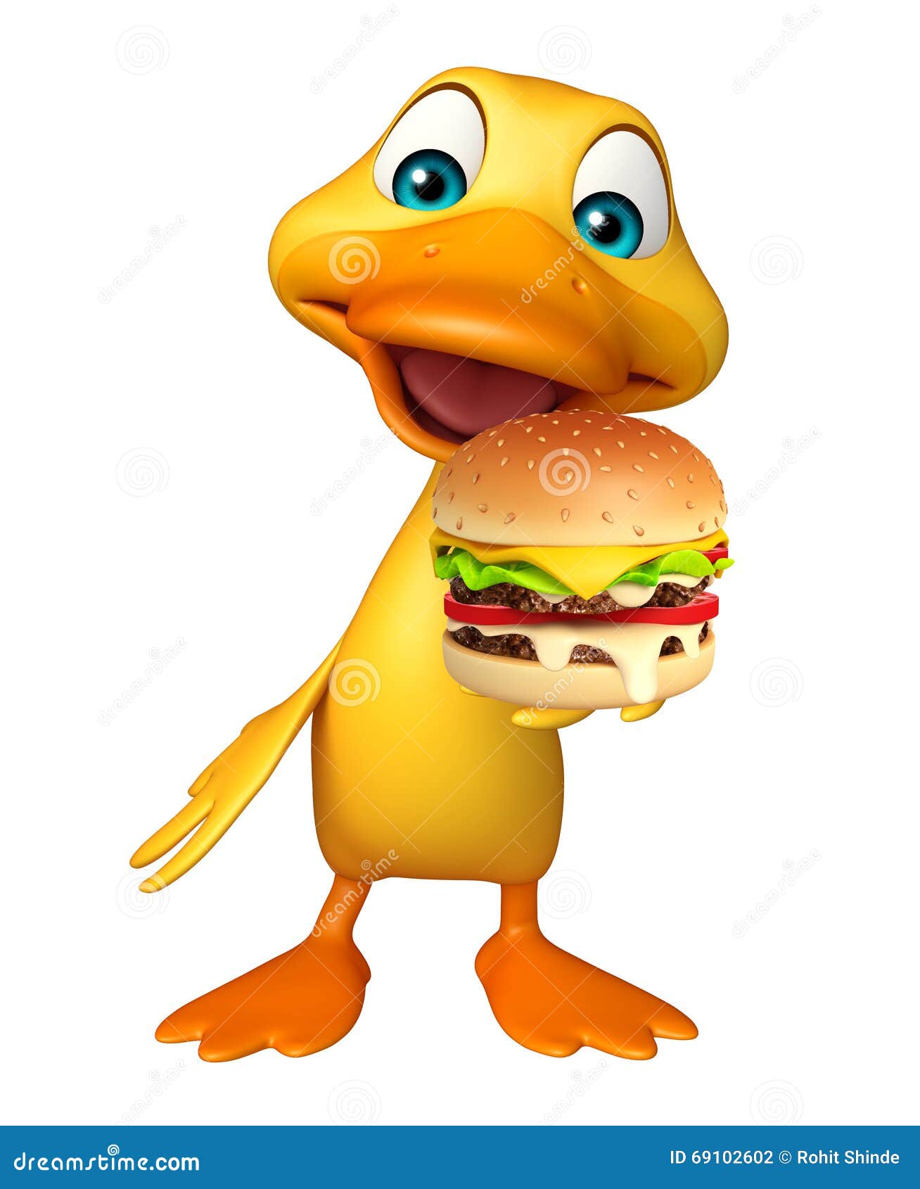 Fun Duck Cartoon Character with Burger Stock Illustration ...