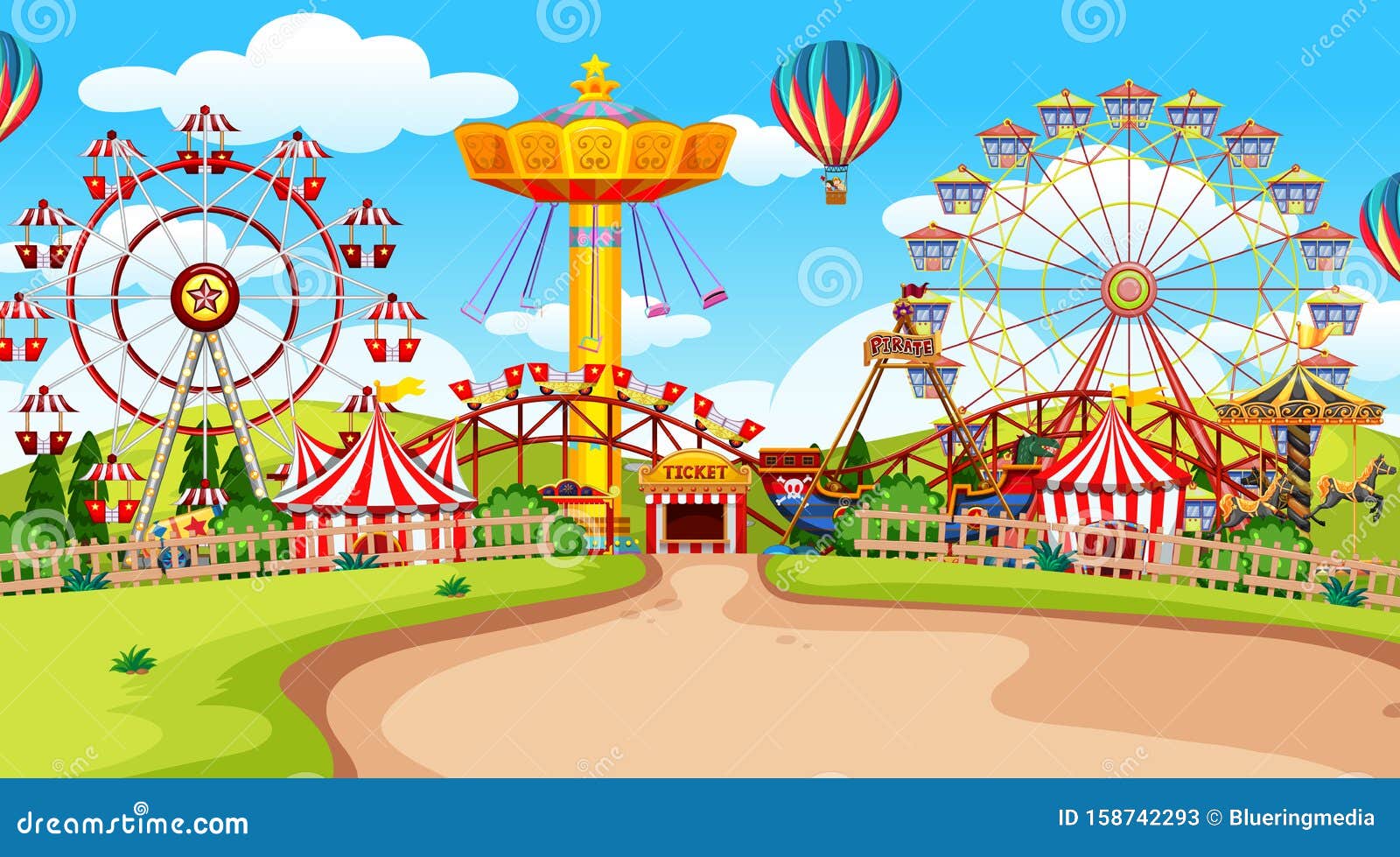 Fun Fair Amusement Park Landscape Silhouette With Ferris Wheel ...