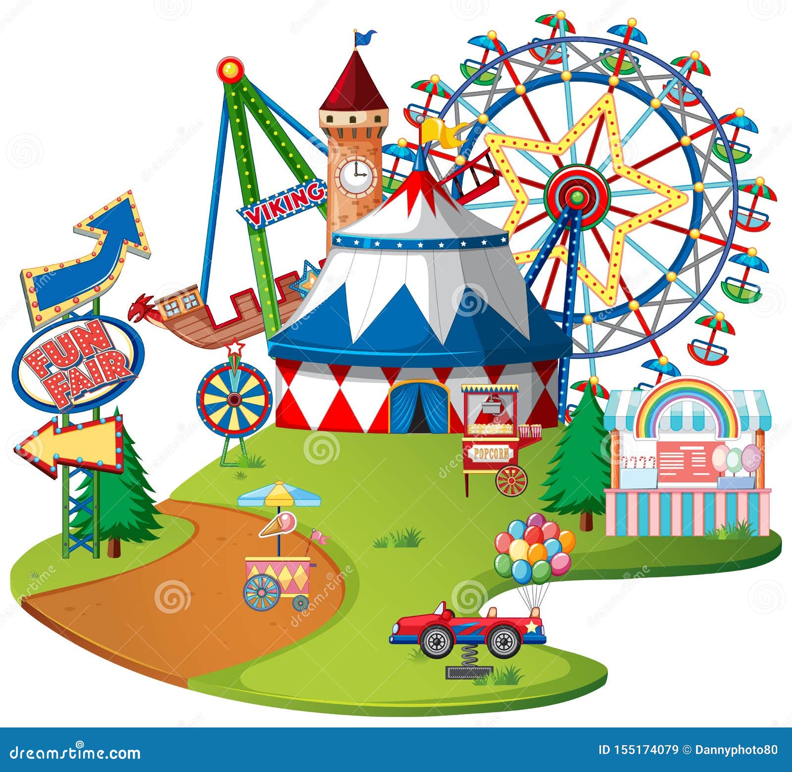 Fun Fair Theme Park on Isolated Background Stock Vector - Illustration ...