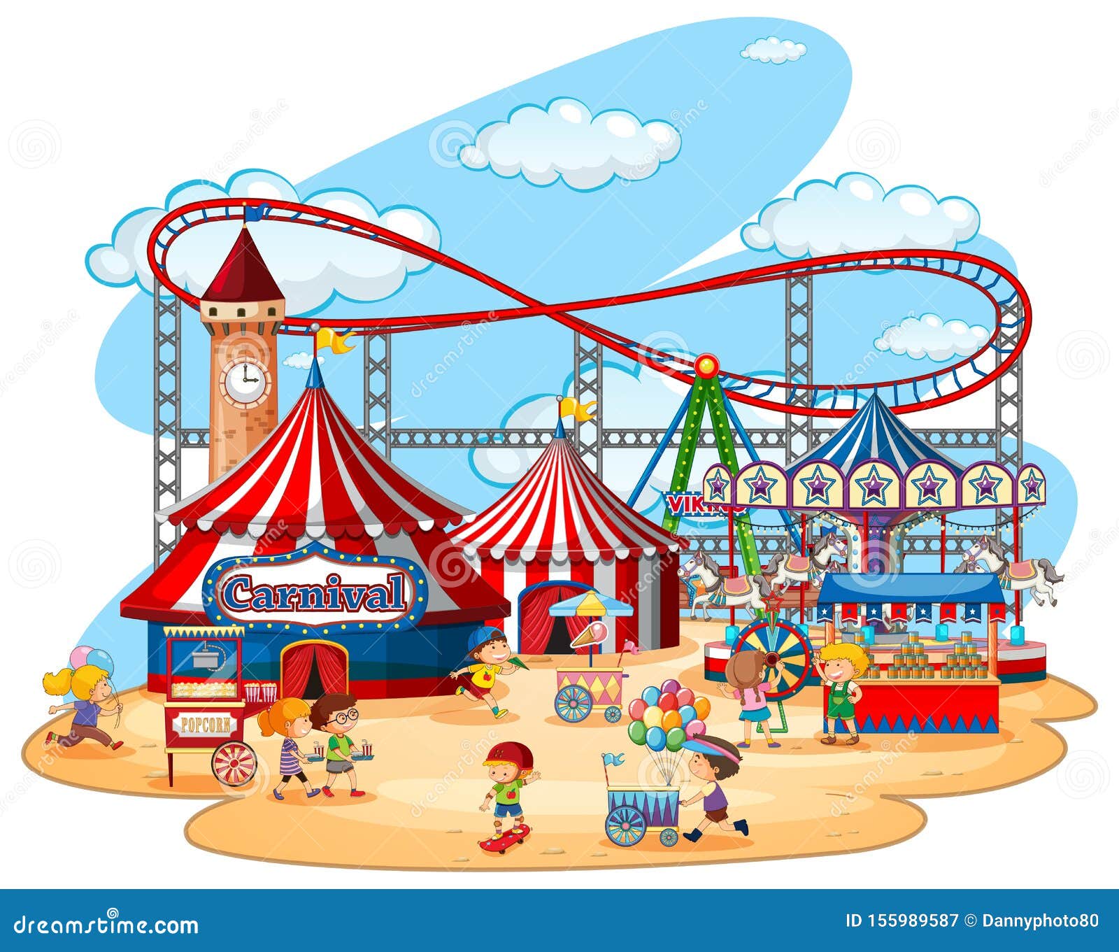 Fun Fair Theme Park On Isolated Background Stock Vector - Illustration ...