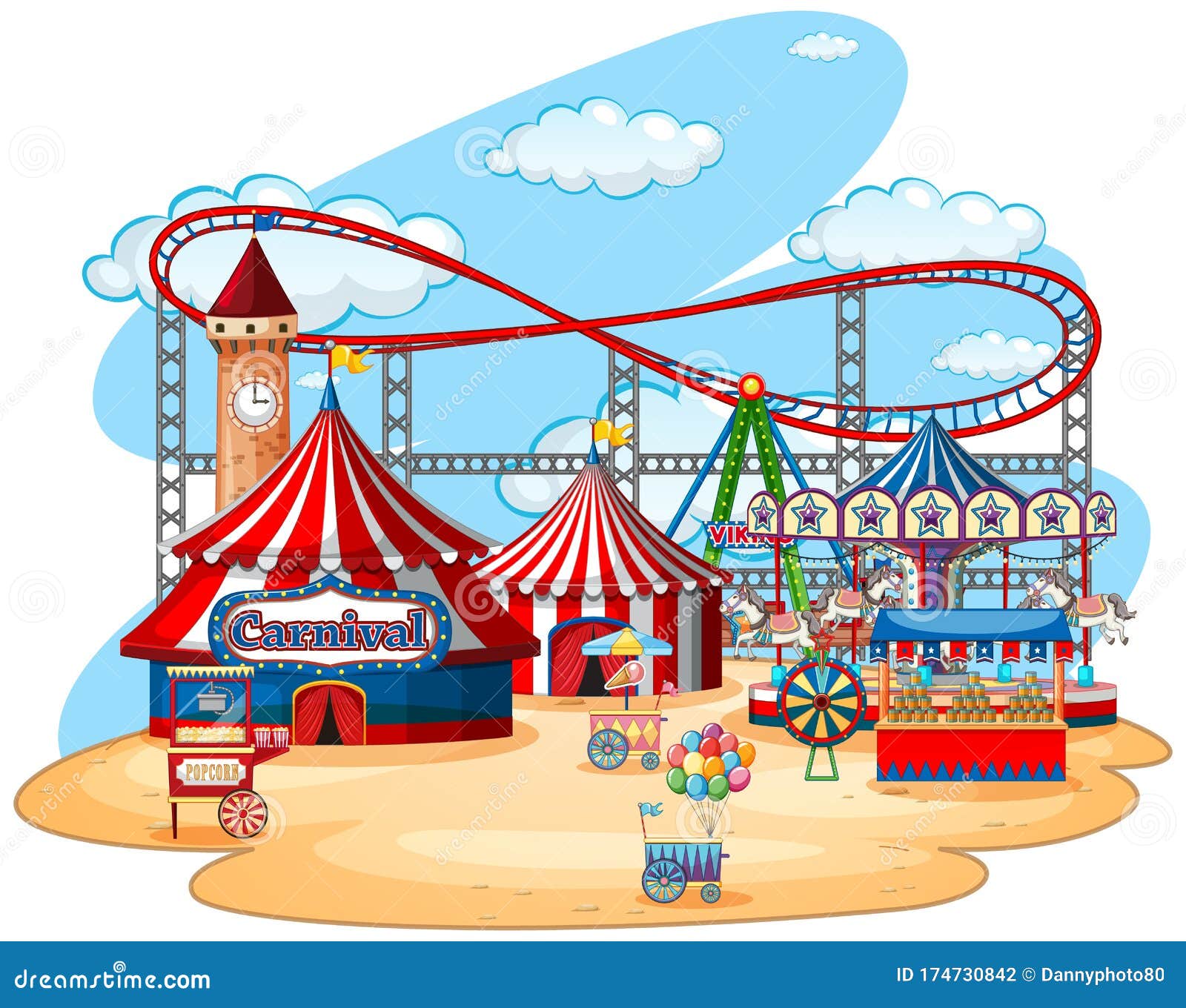 Fun Fair Theme Park on Isolated Background Stock Vector - Illustration ...