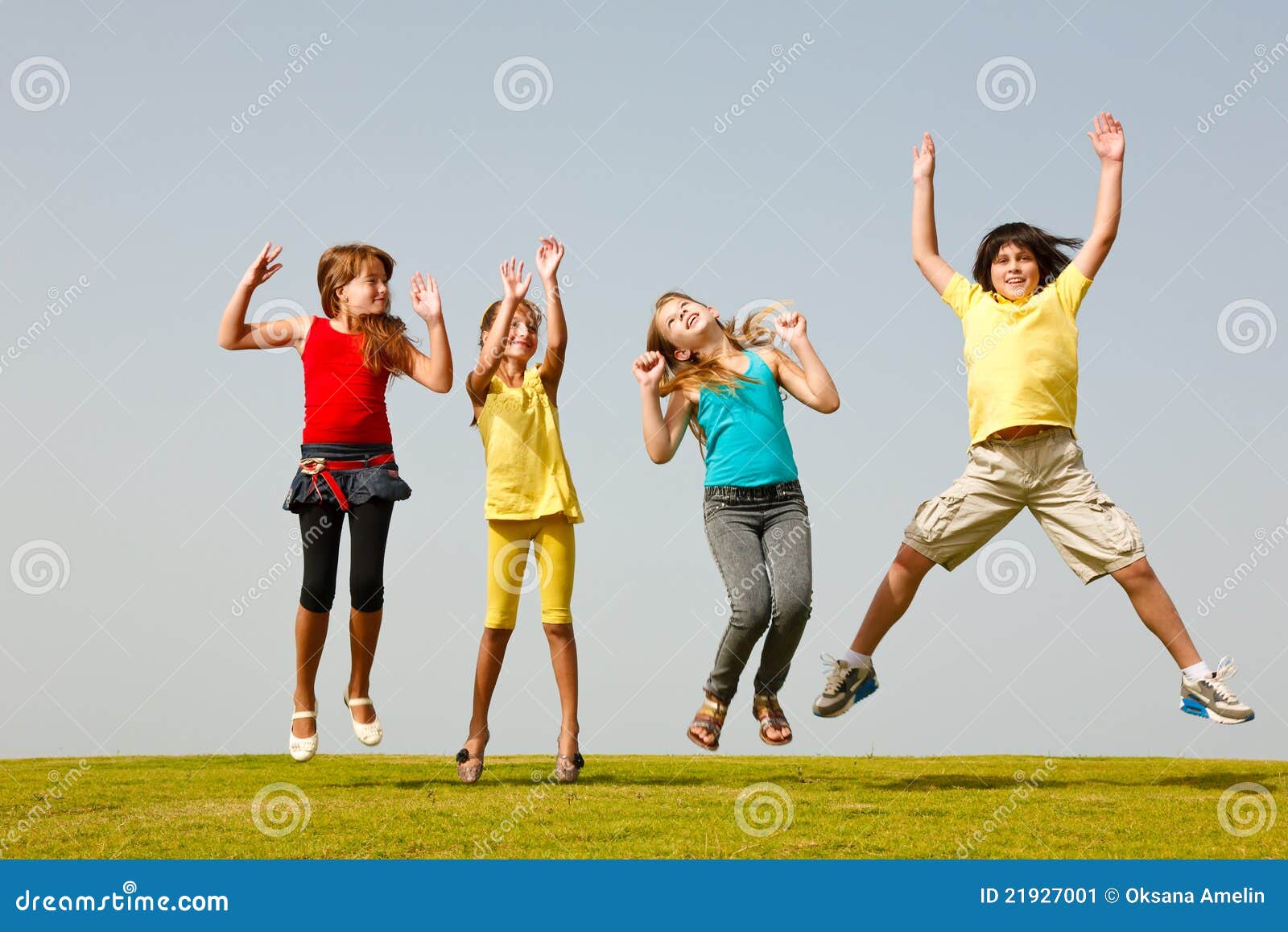Fun group of kids jumping stock image. Image of blue - 21927001