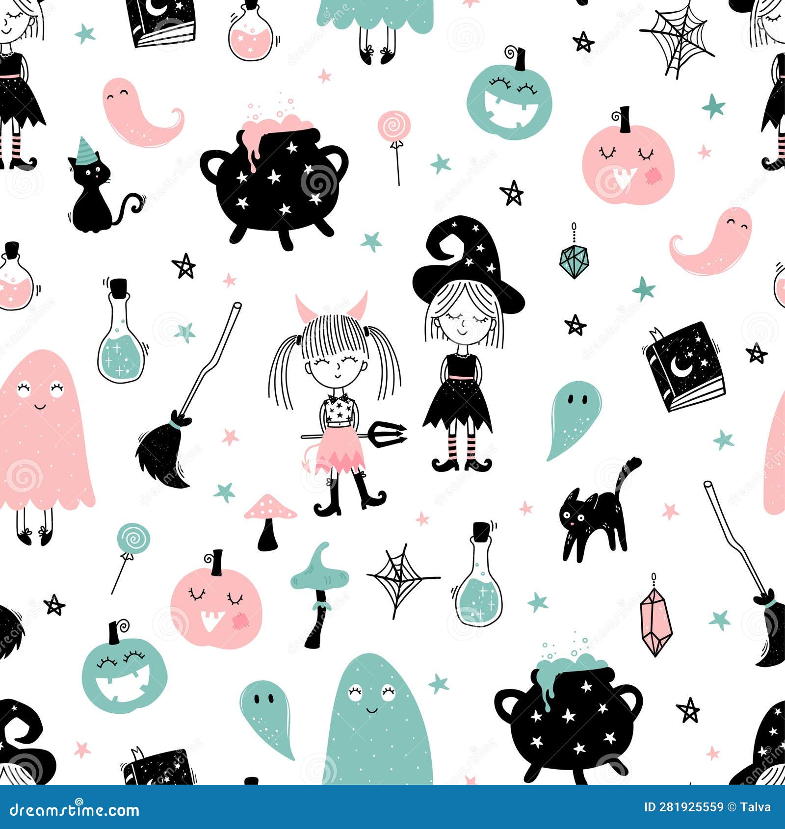 Fun Hand Drawn Halloween Seamless Pattern with Cats, Hats, Bats and ...