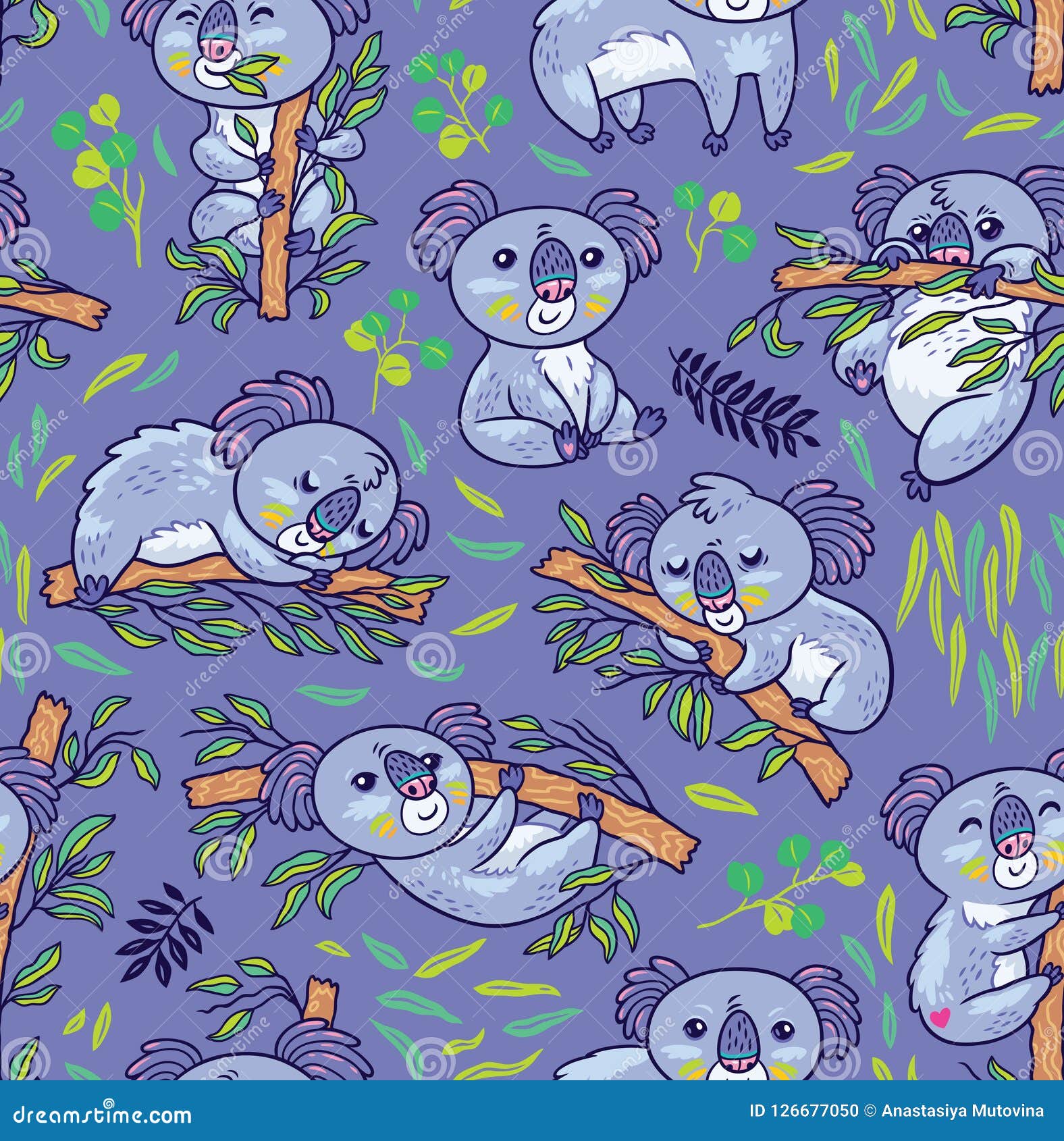 Fun Koalas in the Eucalyptus Seamless Pattern. Vector Illustration Stock Vector - Illustration ...