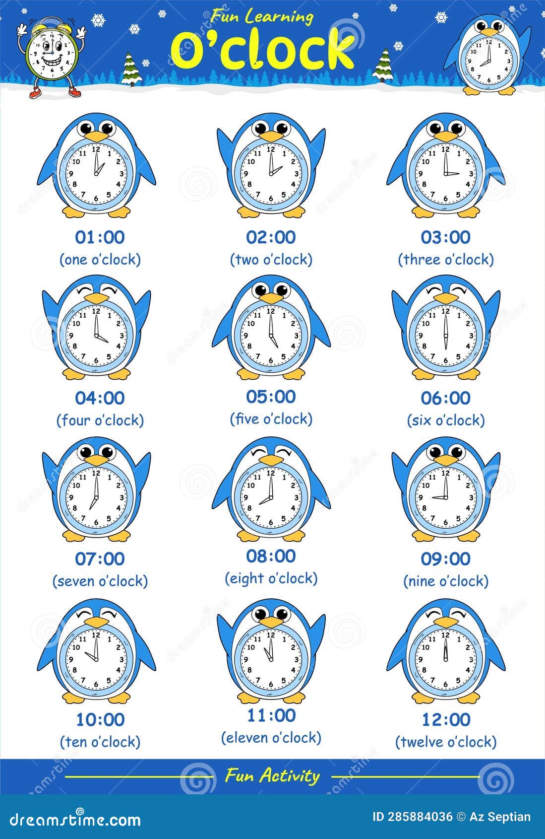 Fun Learning the Clock with Penguin Stock Vector - Illustration of font ...