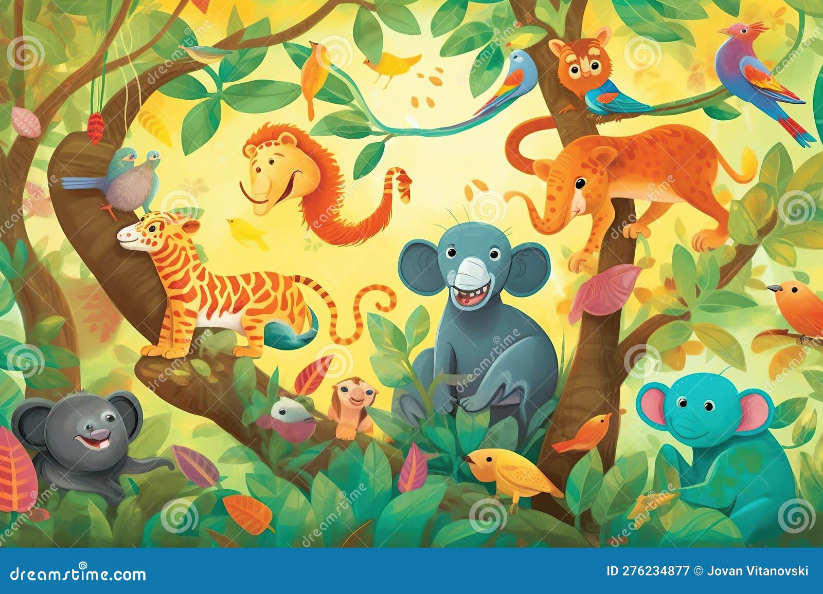A Fun and Lively Scene of Cute Animals Having Fun on the Branches in ...