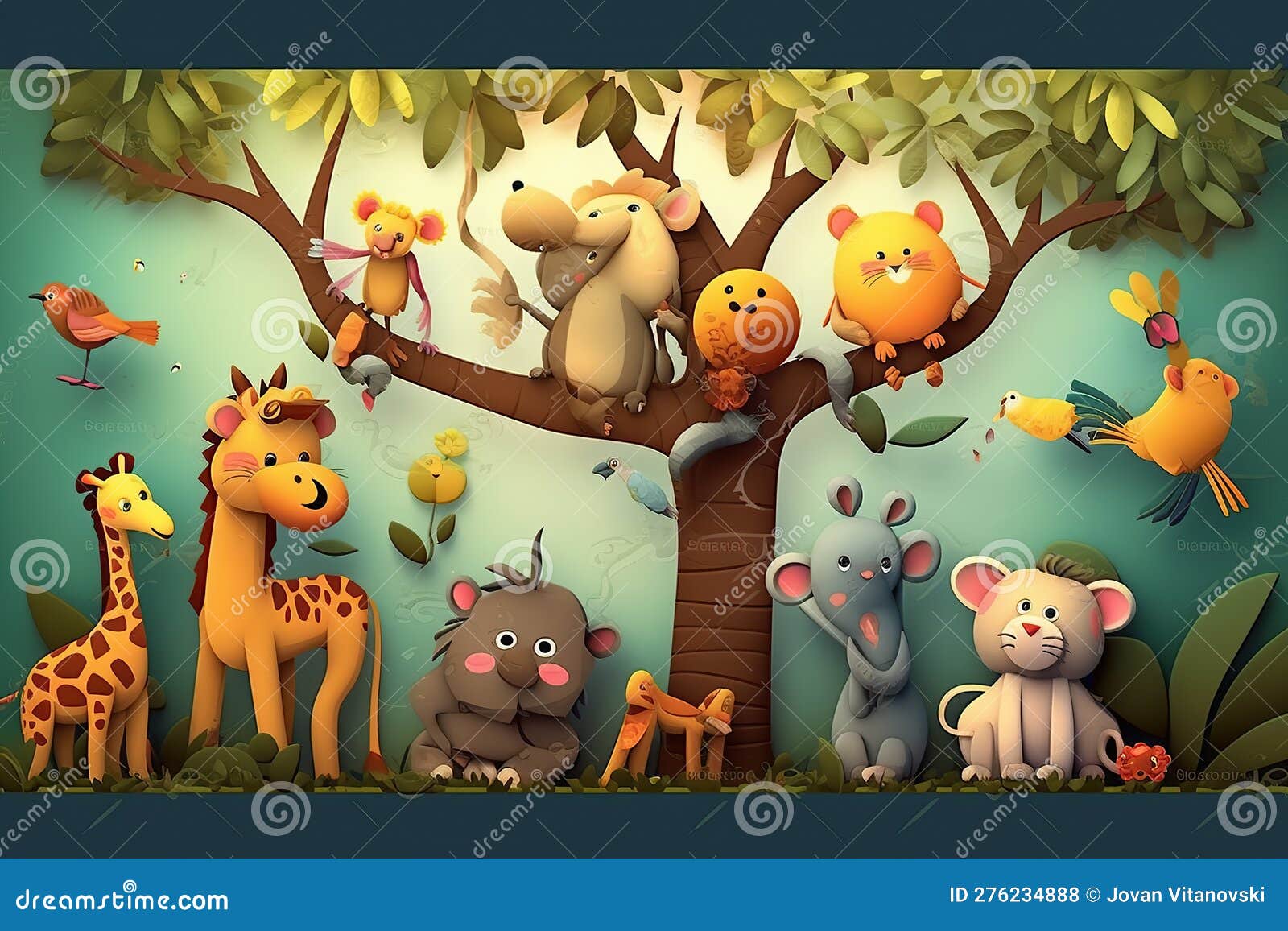 A Fun and Lively Scene of Cute Animals Having Fun on the Branches in ...